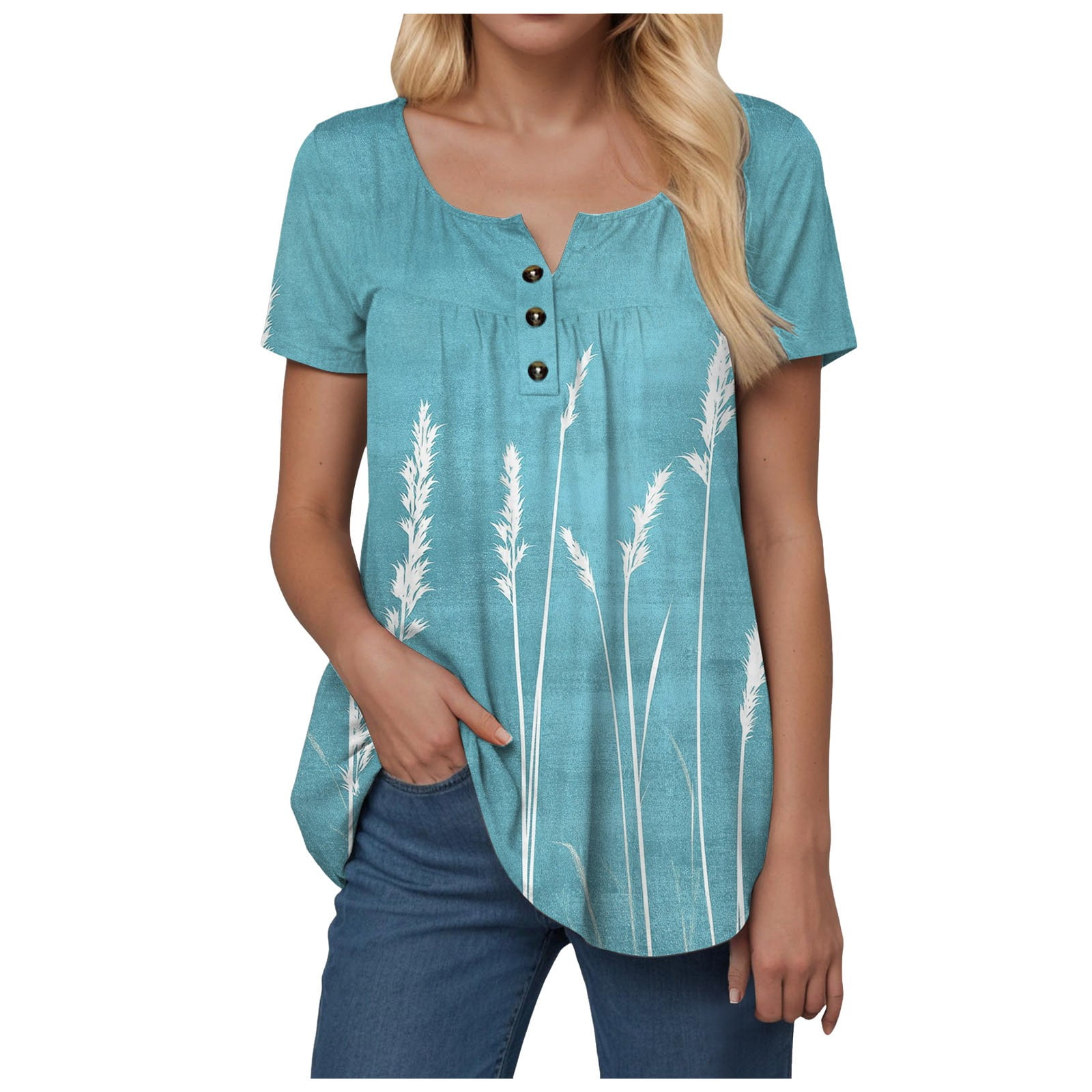 CHENGHHEIP Women'S T-Shirts Short Sleeve Tees Basic Crew Neck Button ...