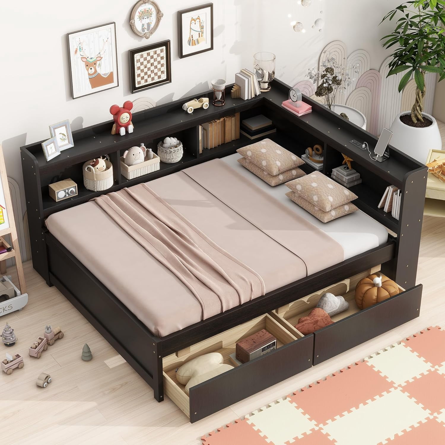 CHENGYUAN Full Size Daybed with Bookcase and Storage Drawers, Modern ...
