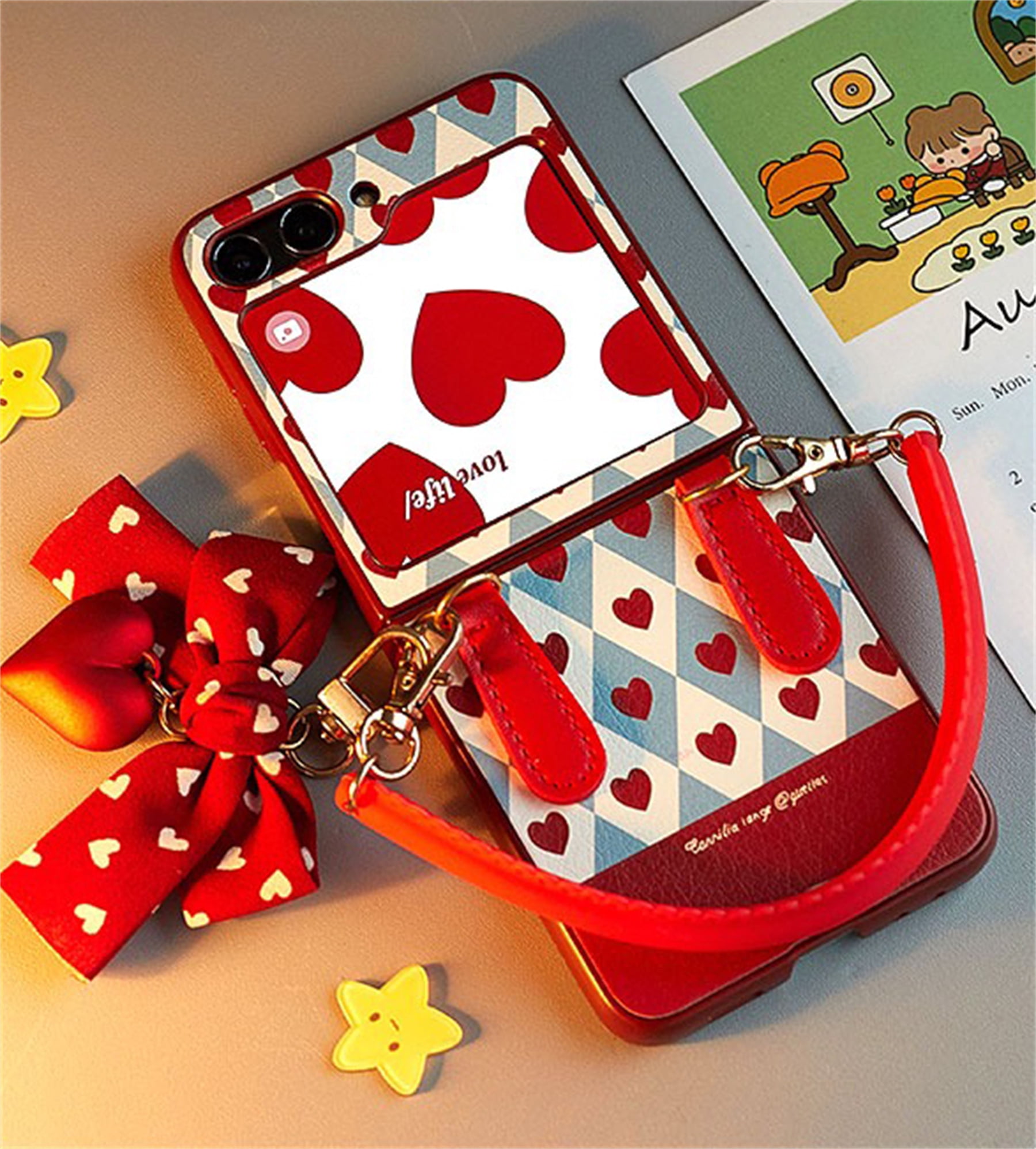 CHENGZHI Korean Cute Love Heart Bow Pendant Phone Case with Bracelet ...
