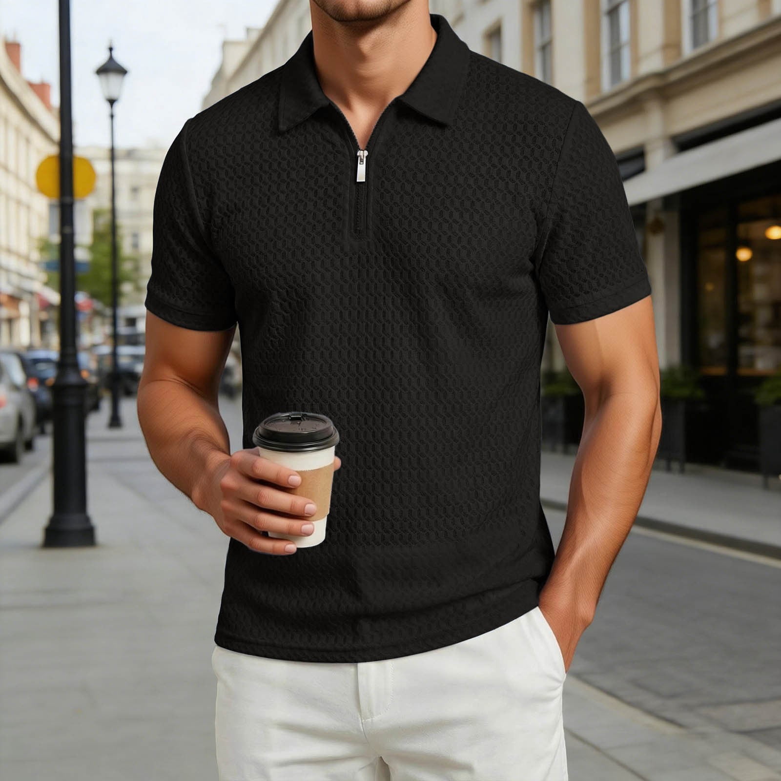 CHENHANN Mens Polos Shirt Short Sleeve Textured Quarter Zip Tee Shirt ...