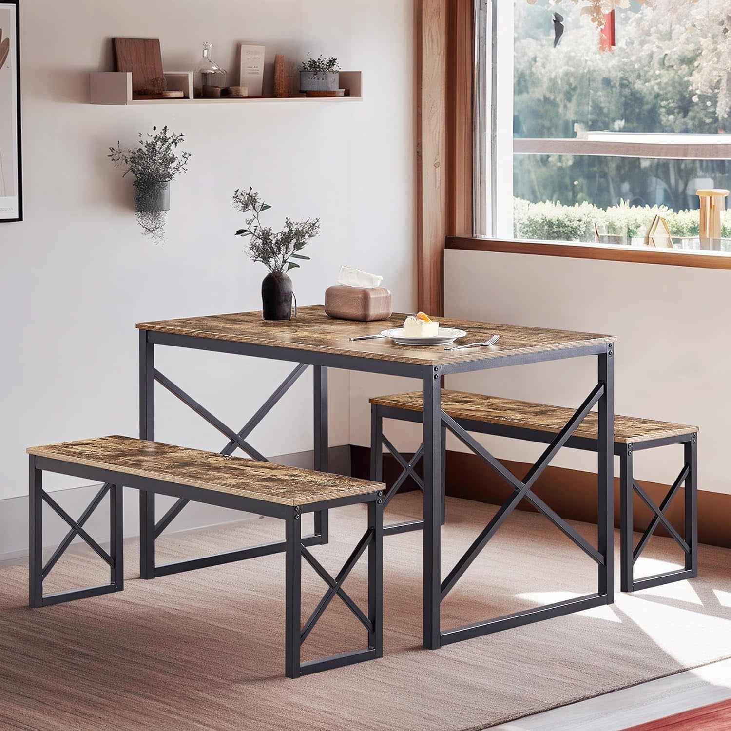 CHENWEI Kitchen Table with 2 Benches for 4, 43.3'' Wood Dining Room ...