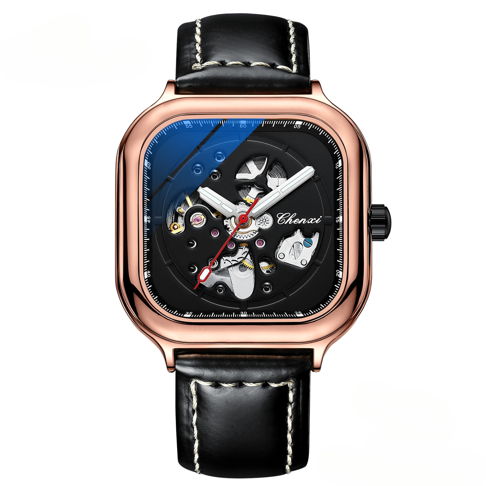 CHENXI Square Skeleton Automatic Mechanical Watch Leisure Luminous Men ...