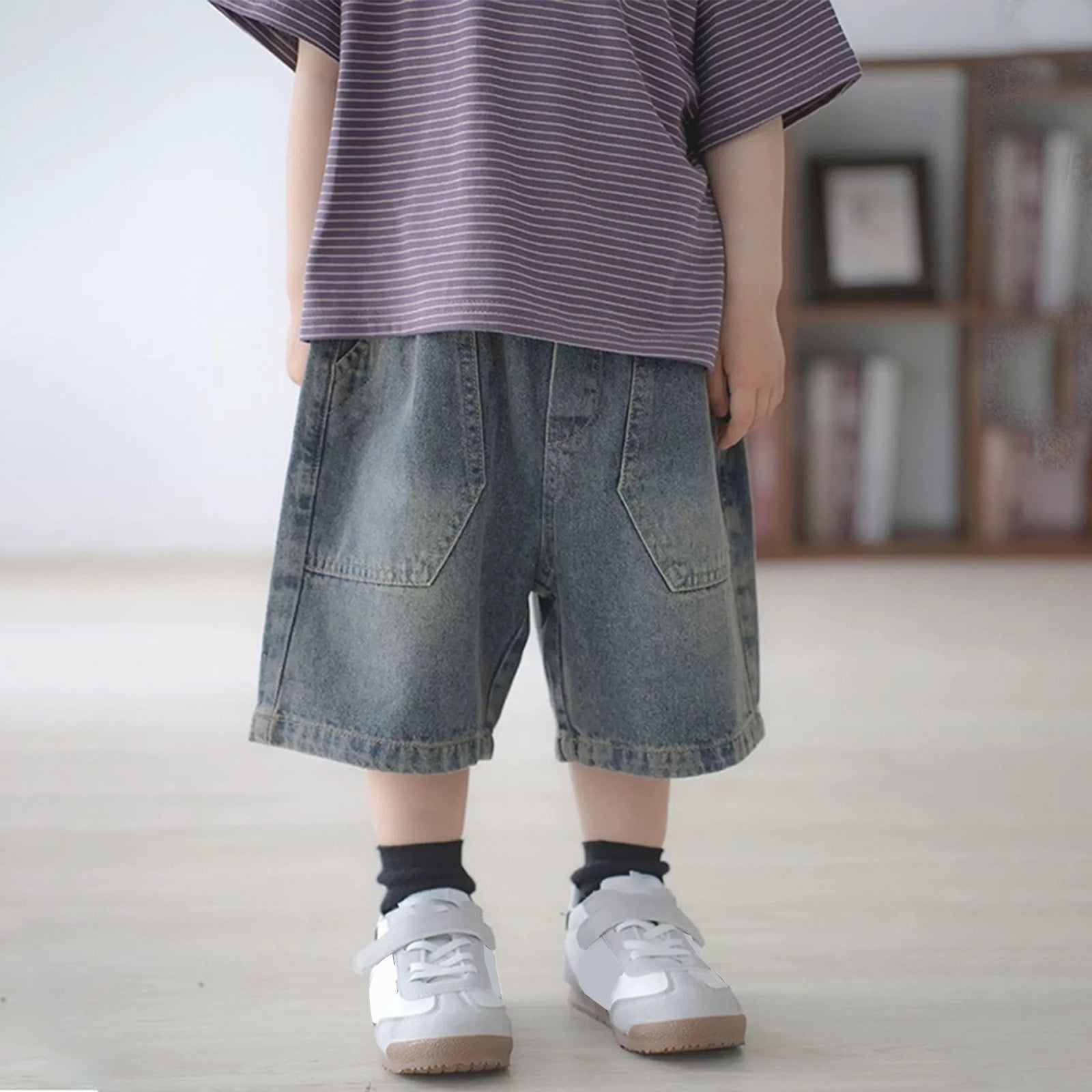 CHENge Boy's Denim Cargo Shorts Summer Straight Leg Elastic Waist with ...