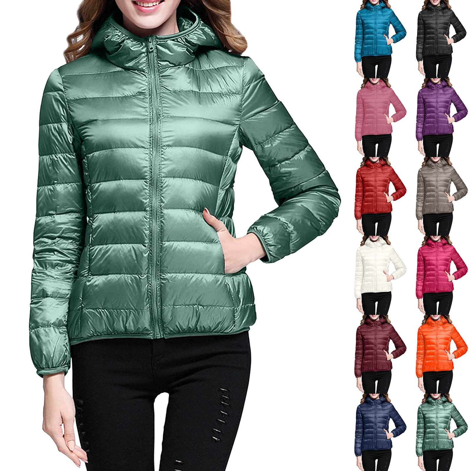 CHENge Women's Down Jacket Hooded Winter Slim Light Weight Short Puffer ...