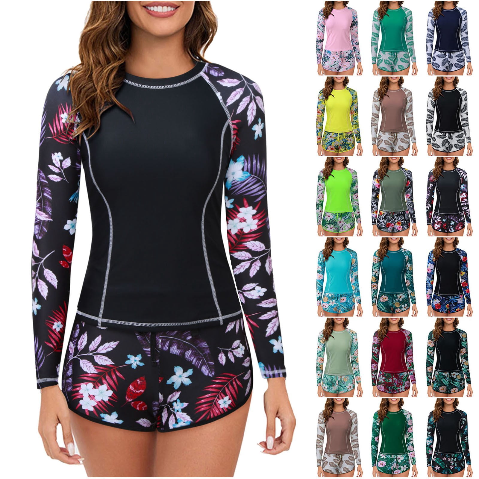 CHENge Women's Tropical Print Two-Piece Rash Guard, Long Sleeve Top and ...