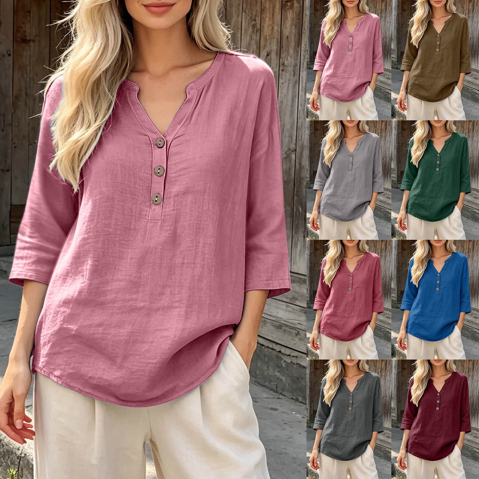 CHENge Womens 3/4 Sleeve Button Down Shirts Linen Roll Up Short Sleeve ...