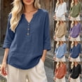 CHENge Womens 3/4 Sleeve Button Down Shirts Linen Roll Up Short Sleeve ...