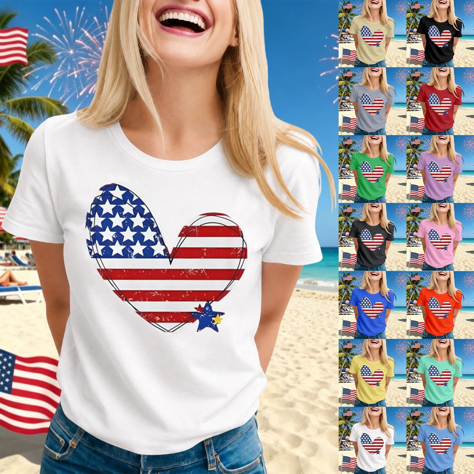 CHENge Womens Heart American Flag Patriotic T-Shirt 4th of July Shirt ...