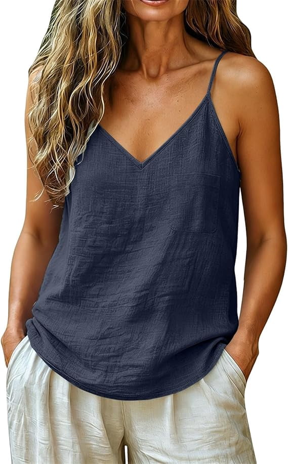 CHENge Womens Linen Tank Tops V Neck Casual Cami Sleeveless Blouses ...