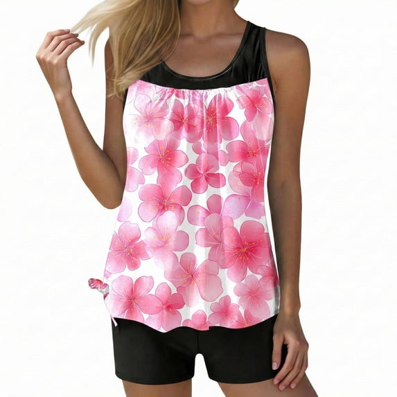CHENge Pink Womens Ruffle Tier Tankini Swimsuits, 2 Piece Set Swimwear ...