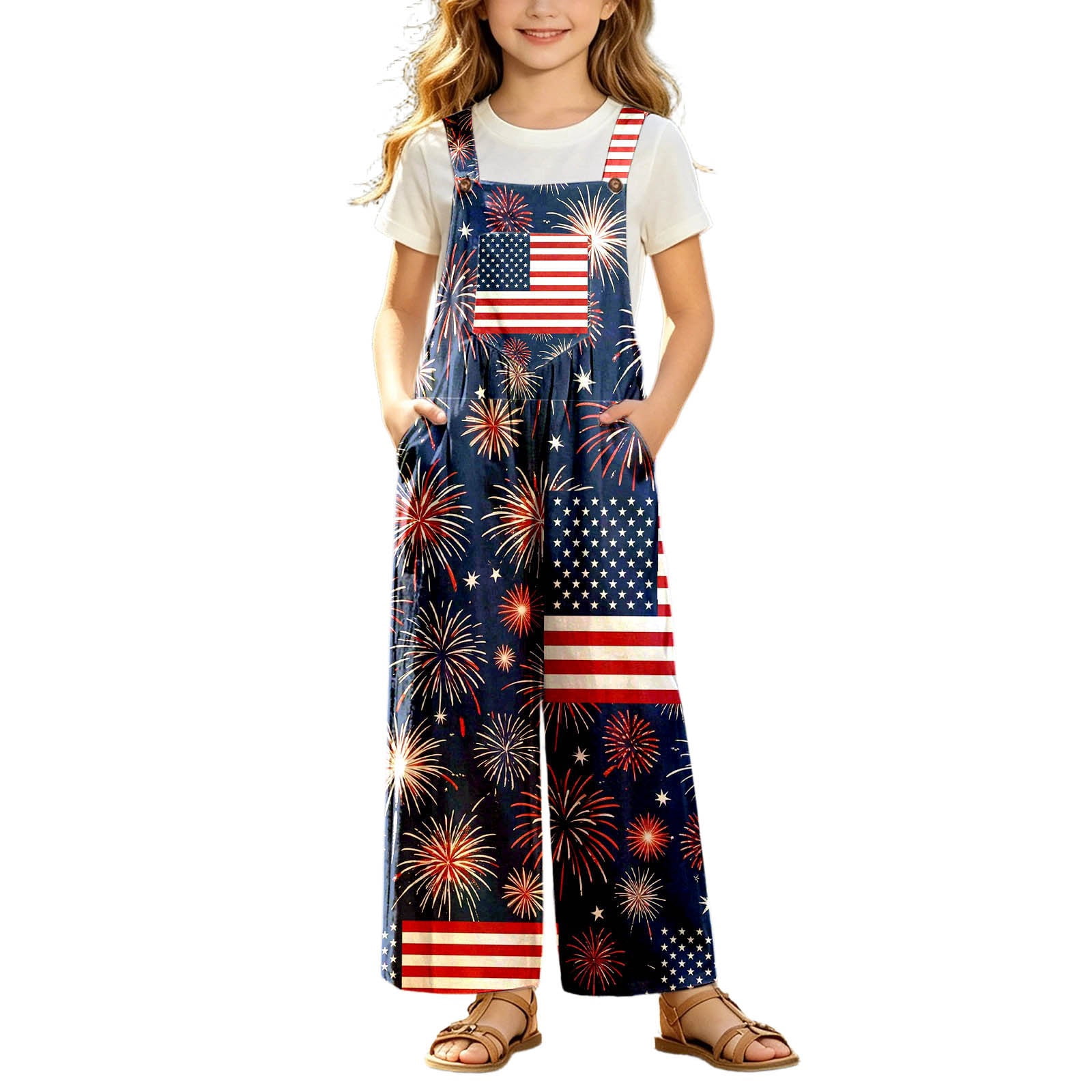 CHENgeGirls Boys 4th of July Patriotic Wide Leg Bib Overalls American ...