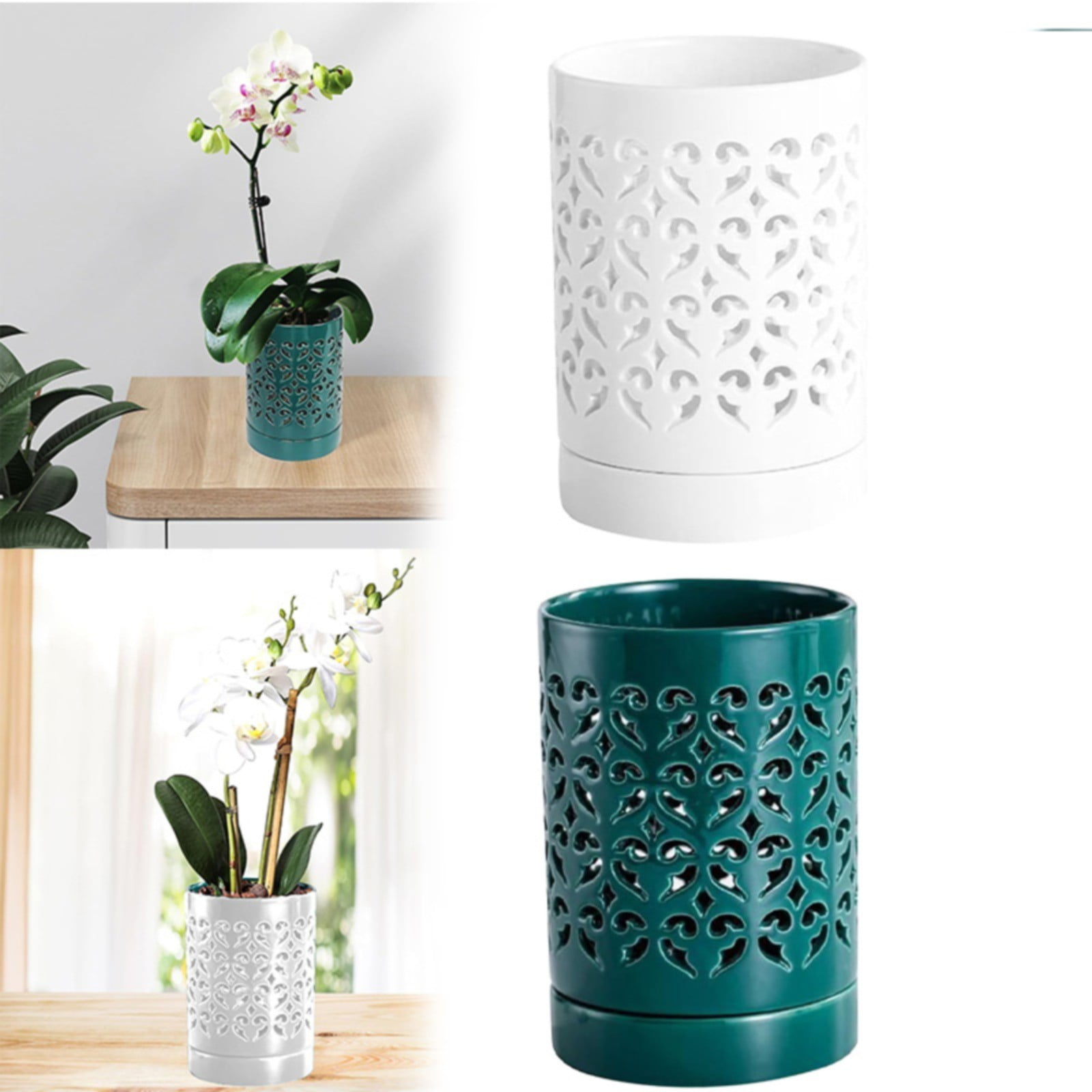 CHENjy Breathable Ceramic Orchid Pot with Holes and Saucer, White ...