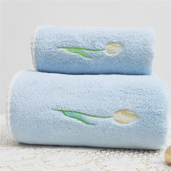 CHENjy Coral Velvet Bath Towels, Blue Tulip Pattern Large Size, Thick ...