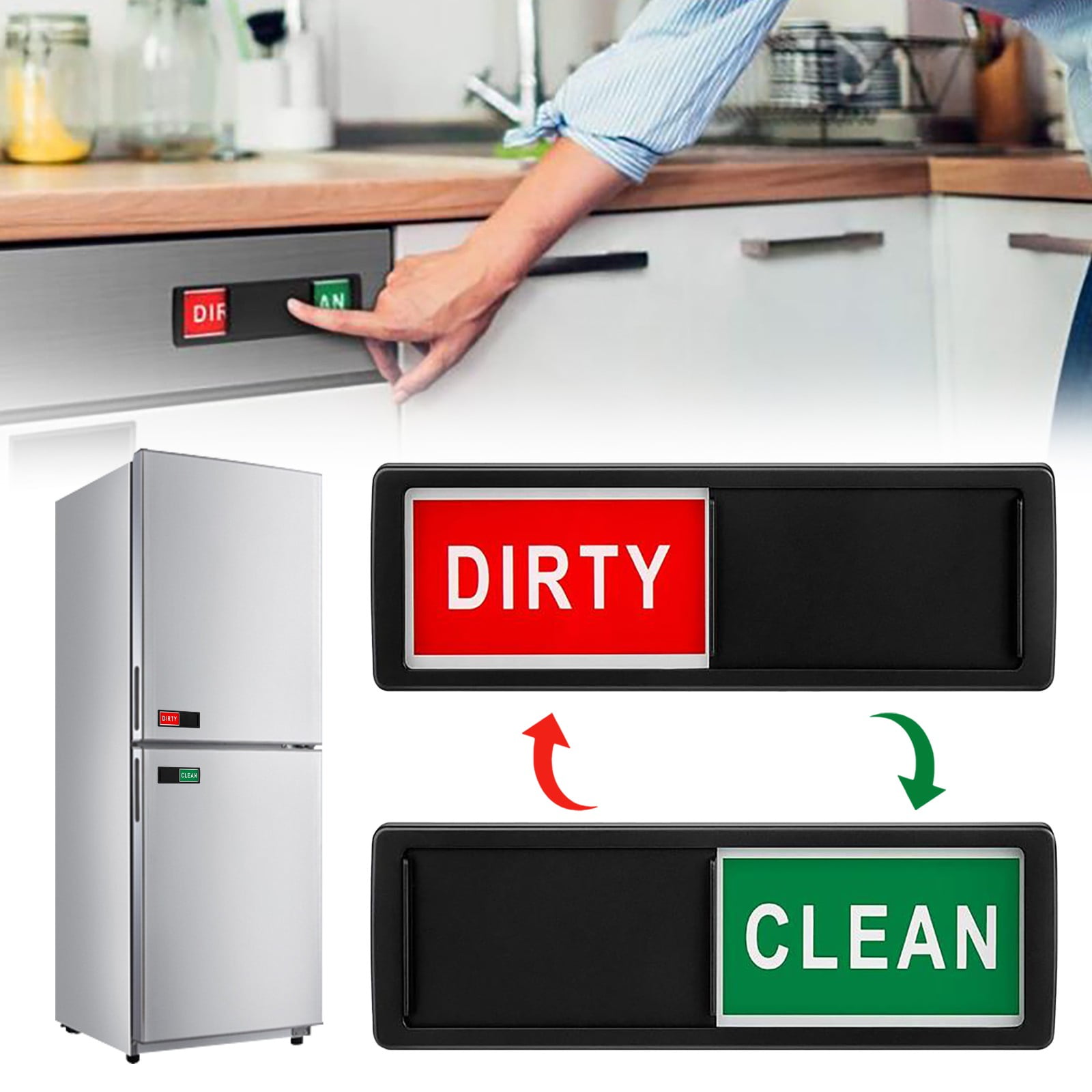 CHENjy Dishwasher Clean Dirty Sign with Push-Button Shutter - 7x2 Inch Magnetic or Adhesive ...