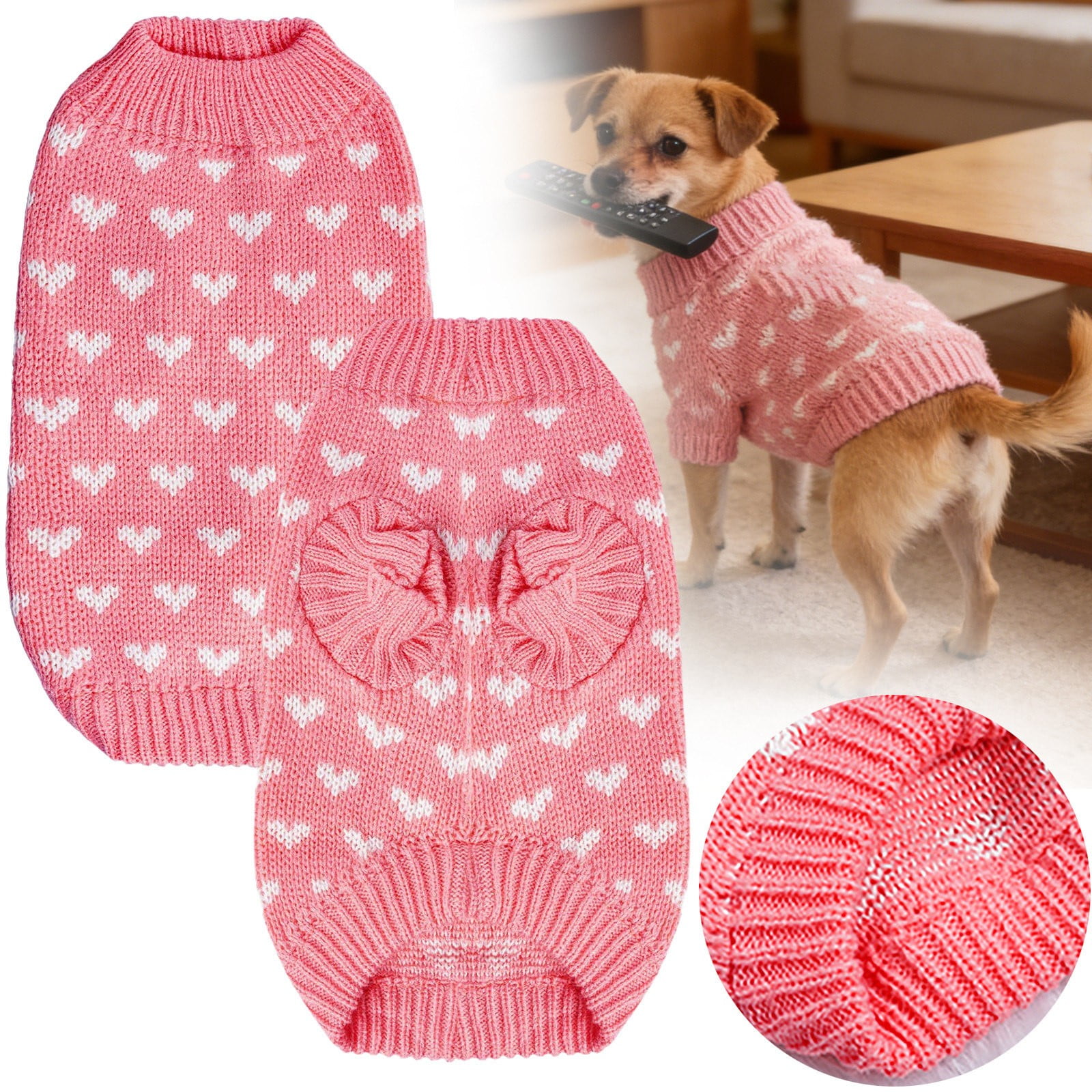 CHENjy Dog Sweater Cute Pink Heart Pattern Knit Winter Clothes Warm ...