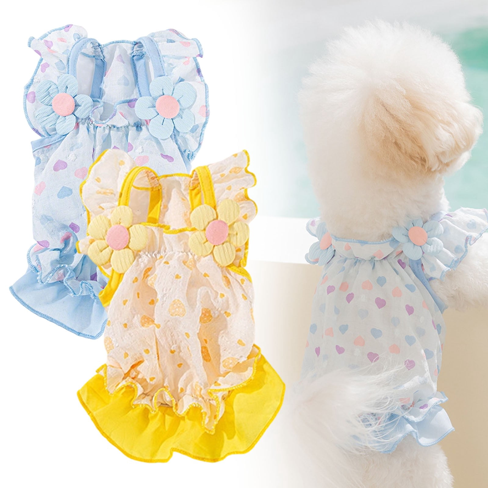 CHENjy Girl Dog Clothes Yellow Heart Print Dress, Small Breed Pet ...