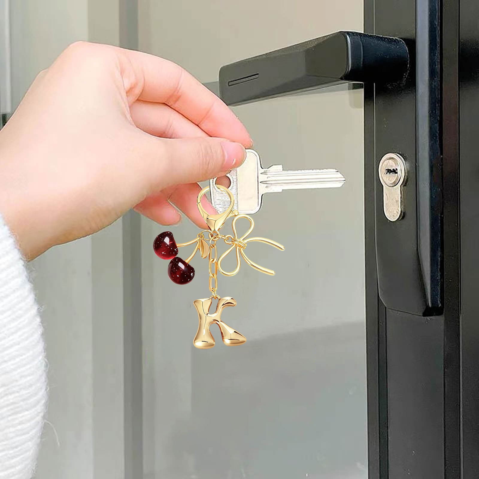CHENjy Gold Plated Cherry Charm Keychain, Personalized Bubble Initial ...