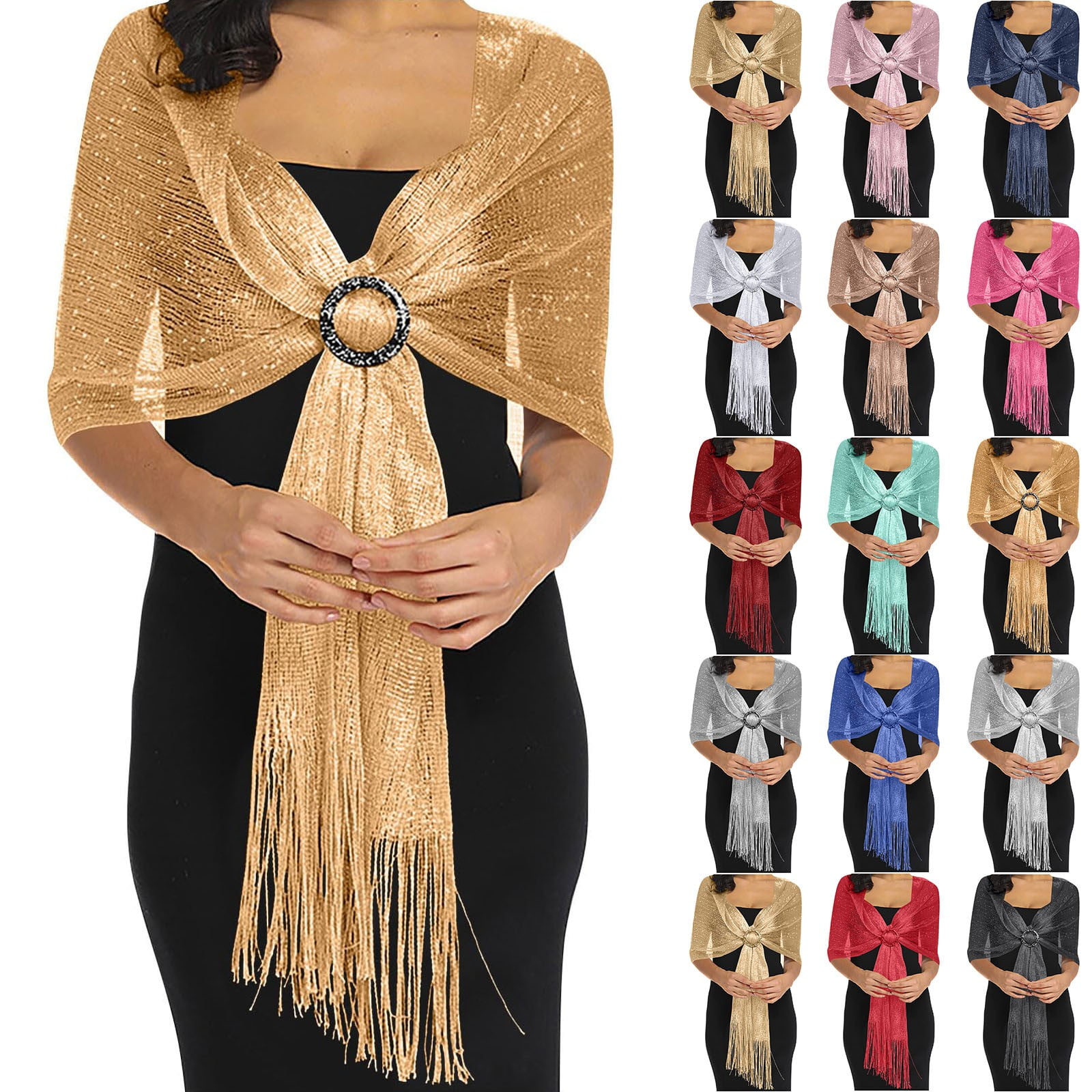 CHENjy Metallic Shawl with Buckle and Fringe, Sparkling Evening Wrap ...
