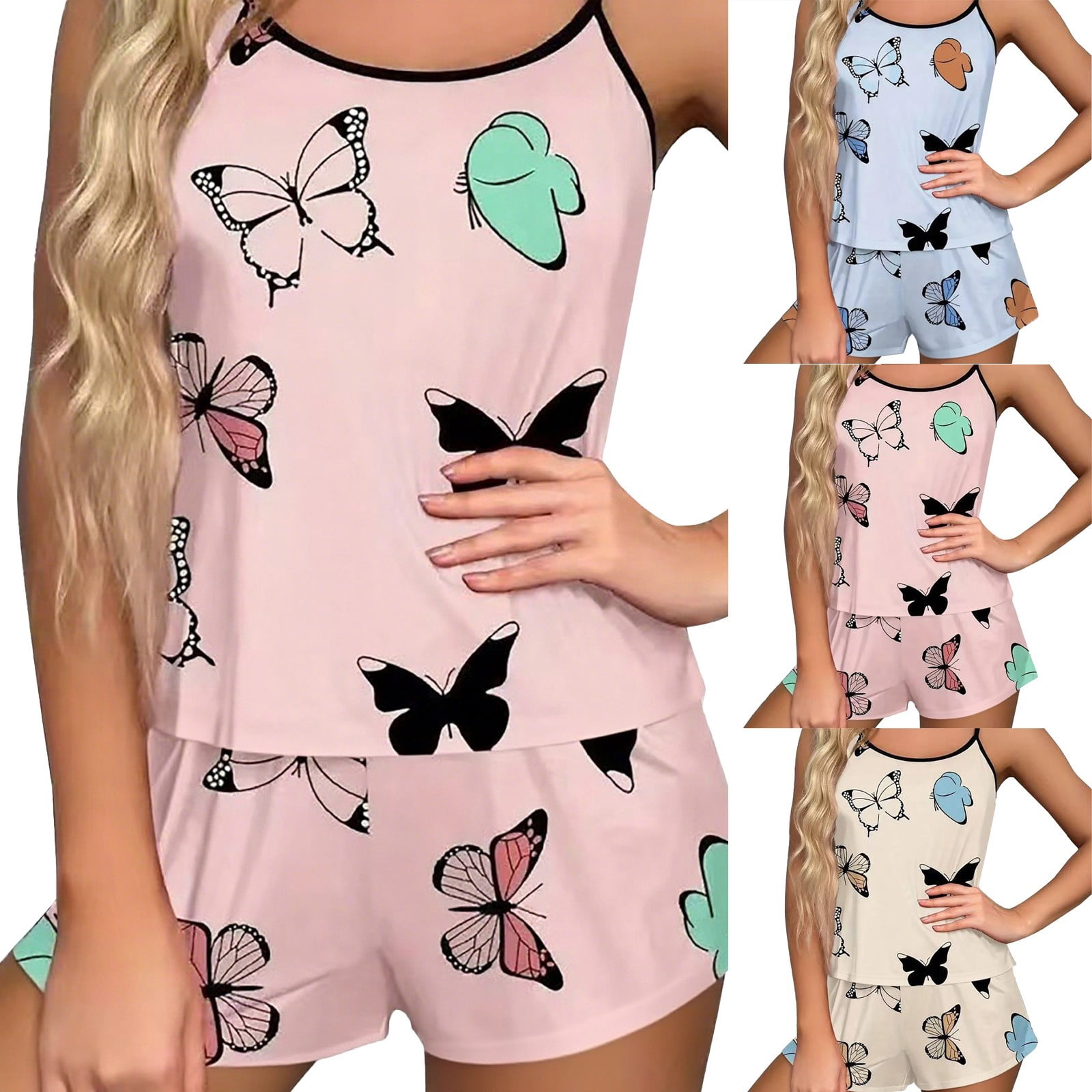 CHENjy Women Butterfly Print Tank Top Pajama Set, Relaxed Sleep Sets ...