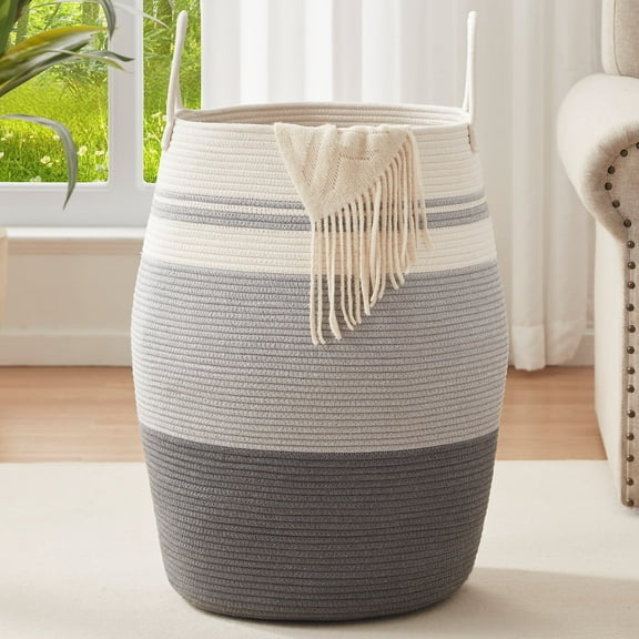 Cotton Rope Laundry Hamper 60L, White-Brown Woven Storage Basket for ...