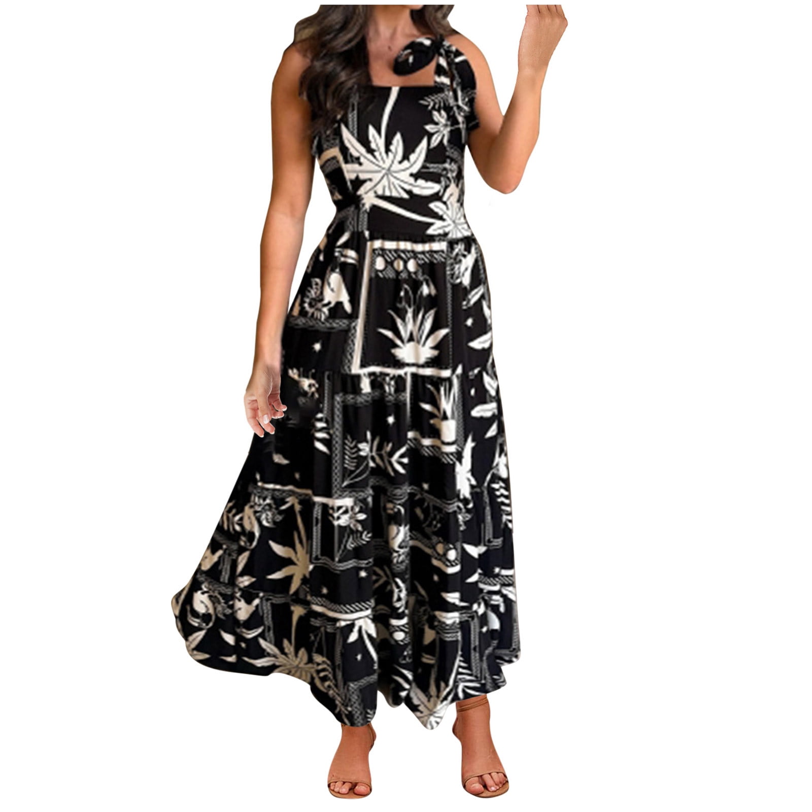 CHGBMOK Dresses for Women Sleeveless Squre Neck Dress Print Color Long ...