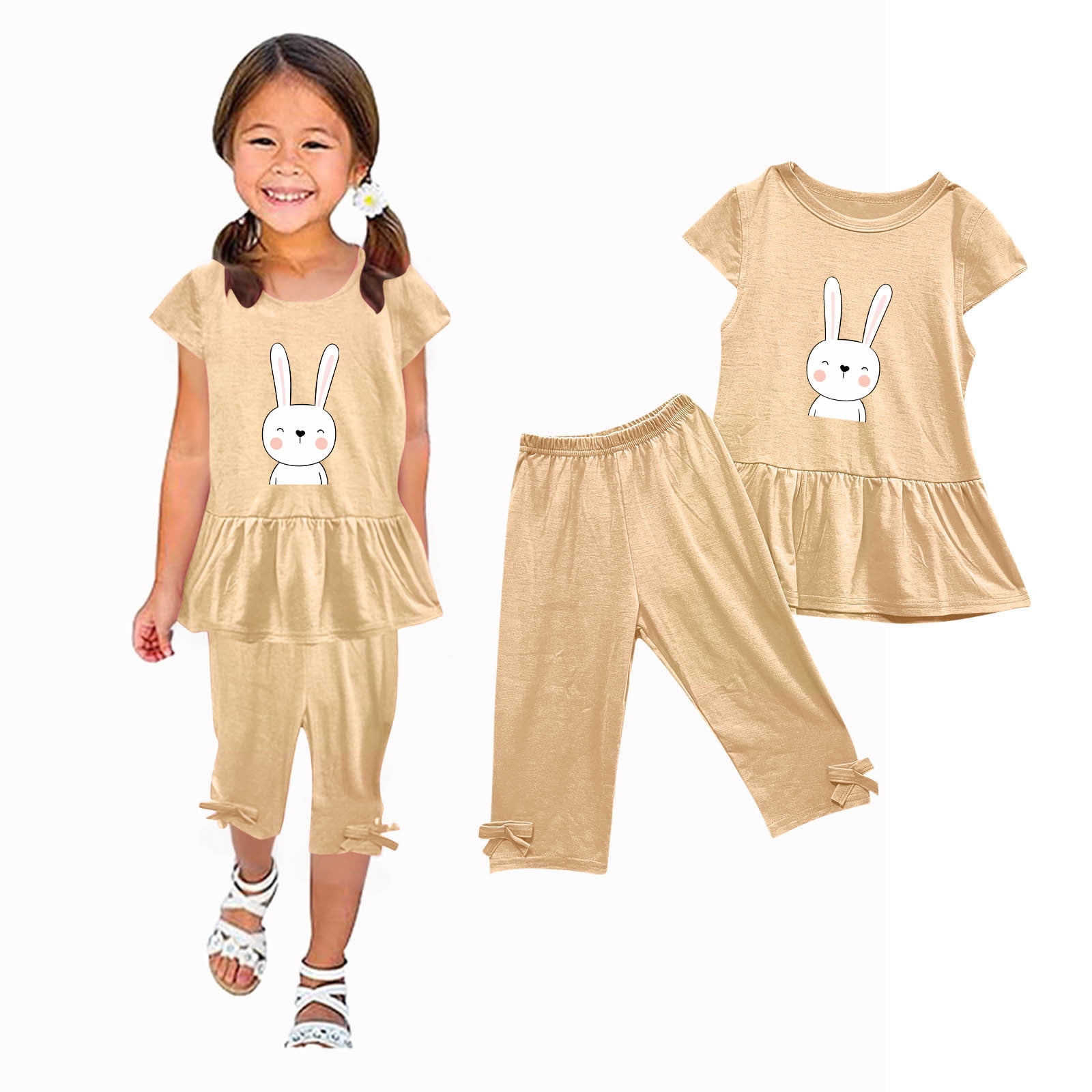 CHGBMOK Girls' Shorts Set Summer Round Neck Small Print Short Sleeved ...