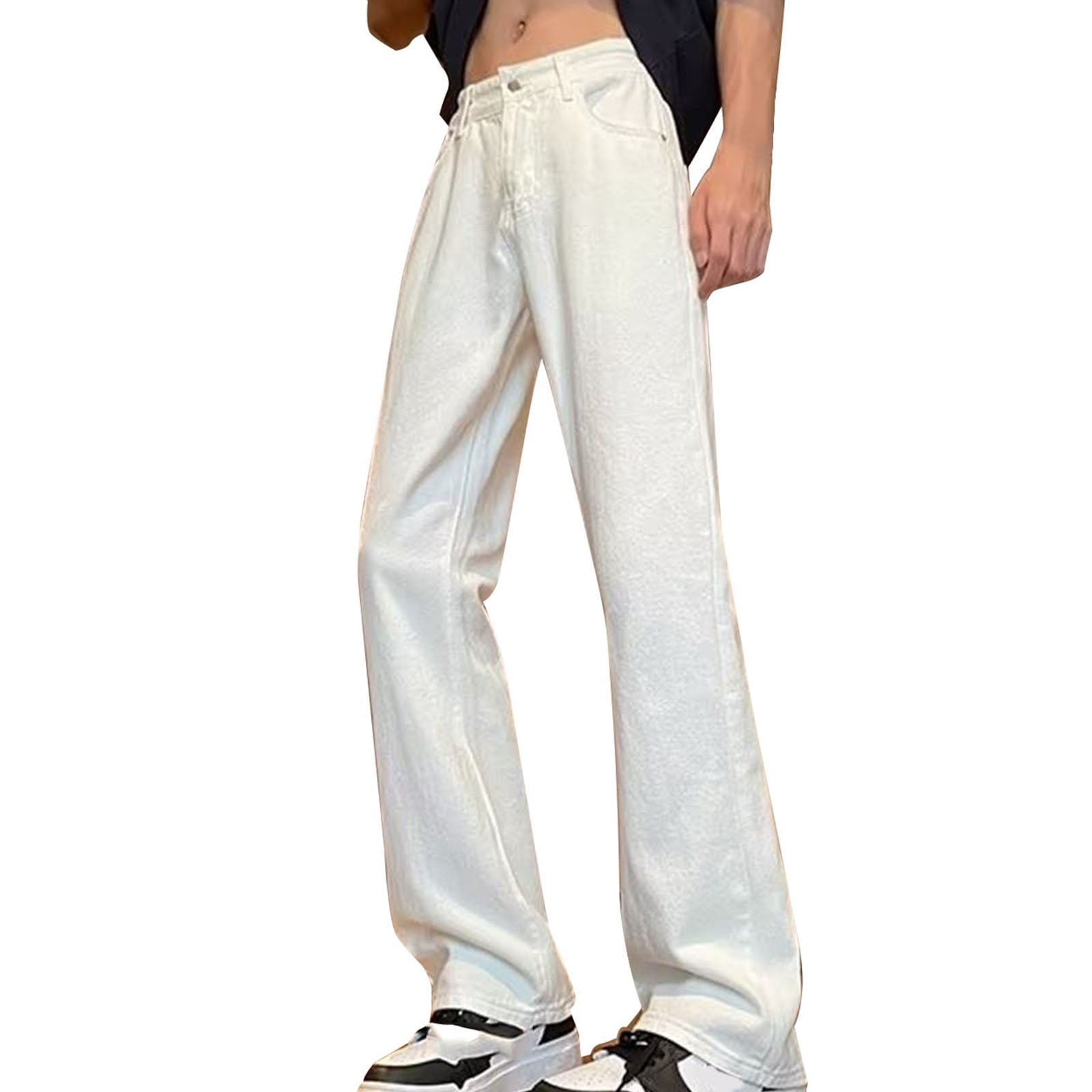 CHGBMOK Jeans for Men Jeans Zipper Wash Elastic Trend Outdoors Wide Leg ...