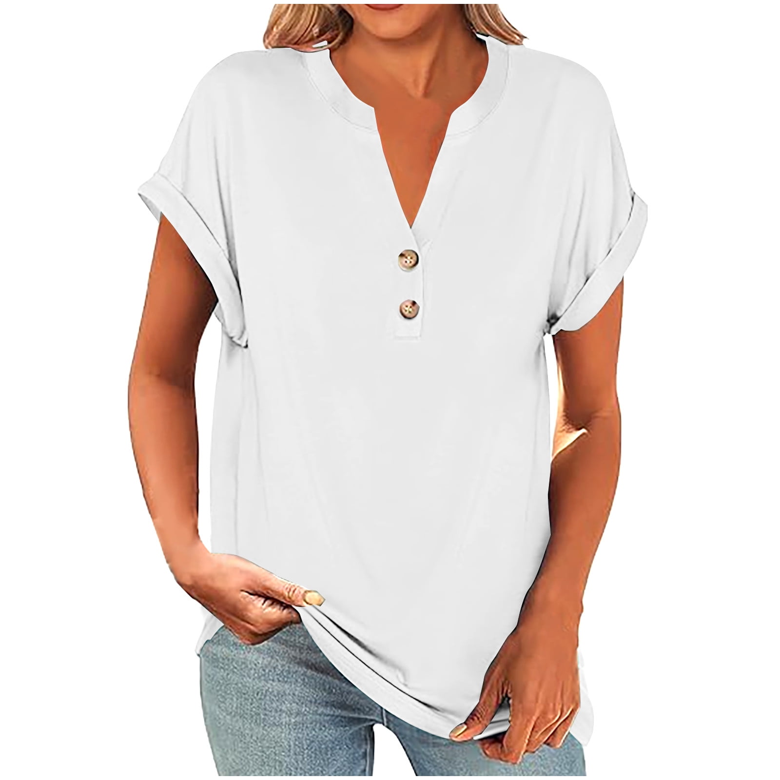 CHGBMOK Ladies Tops and Blouses Fashion Solid Button Shirt Female V ...