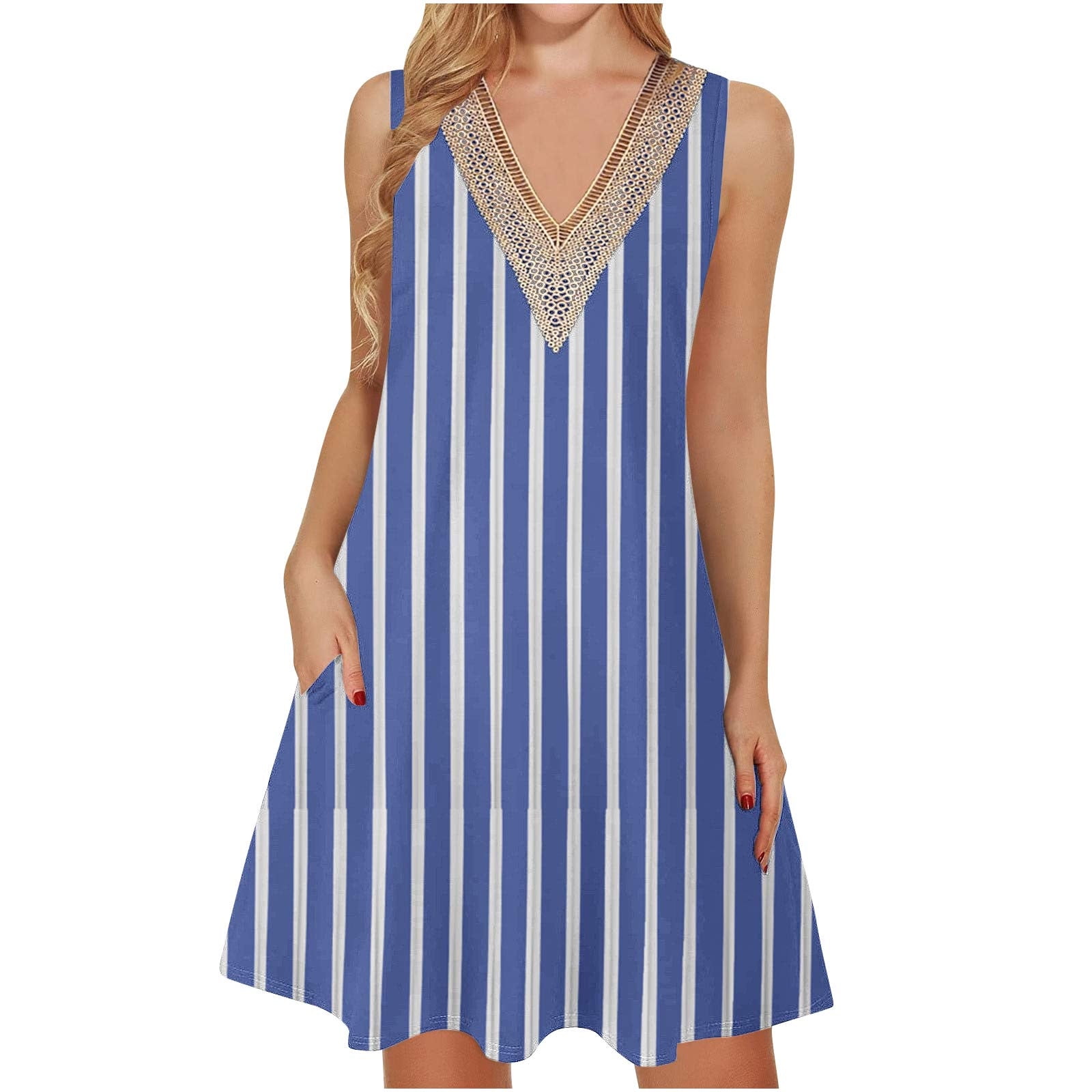 CHGBMOK Womens Spring Dresses Stripe Printed Lace Sleeveless Pocket ...