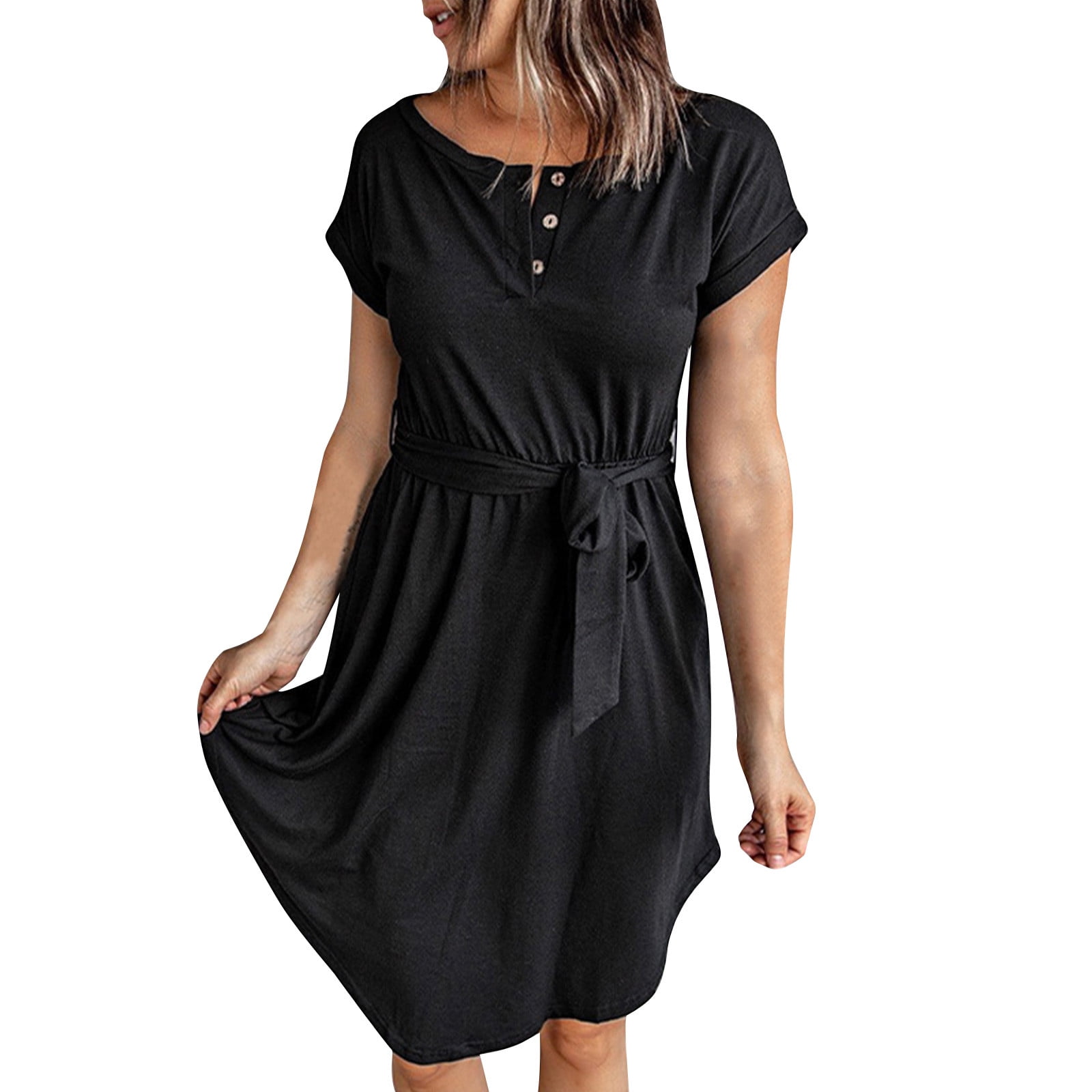 CHGBMOK Sundresses for Women 2025 Solid Color Summer Button Waistband ...