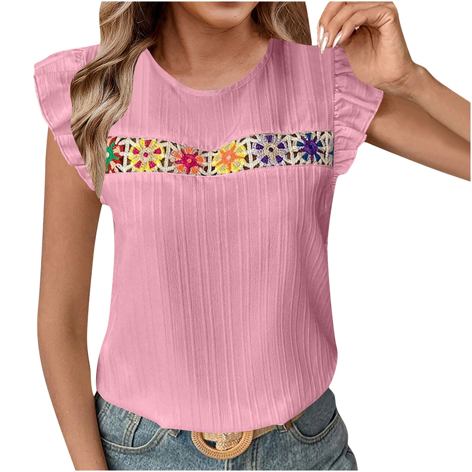 CHGBMOK Tank Top for Women New Hollow Splicing Lace Cuff Casual Fashion ...