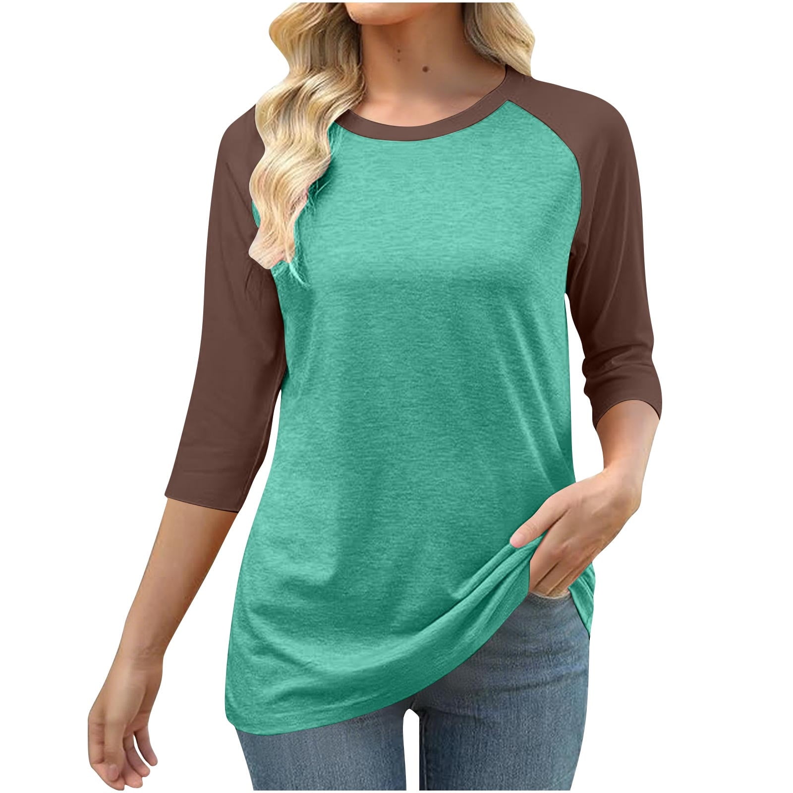 CHGBMOK Women 3/4 Sleeve Blouse Color Block Crew Neck T Shirt Casual ...