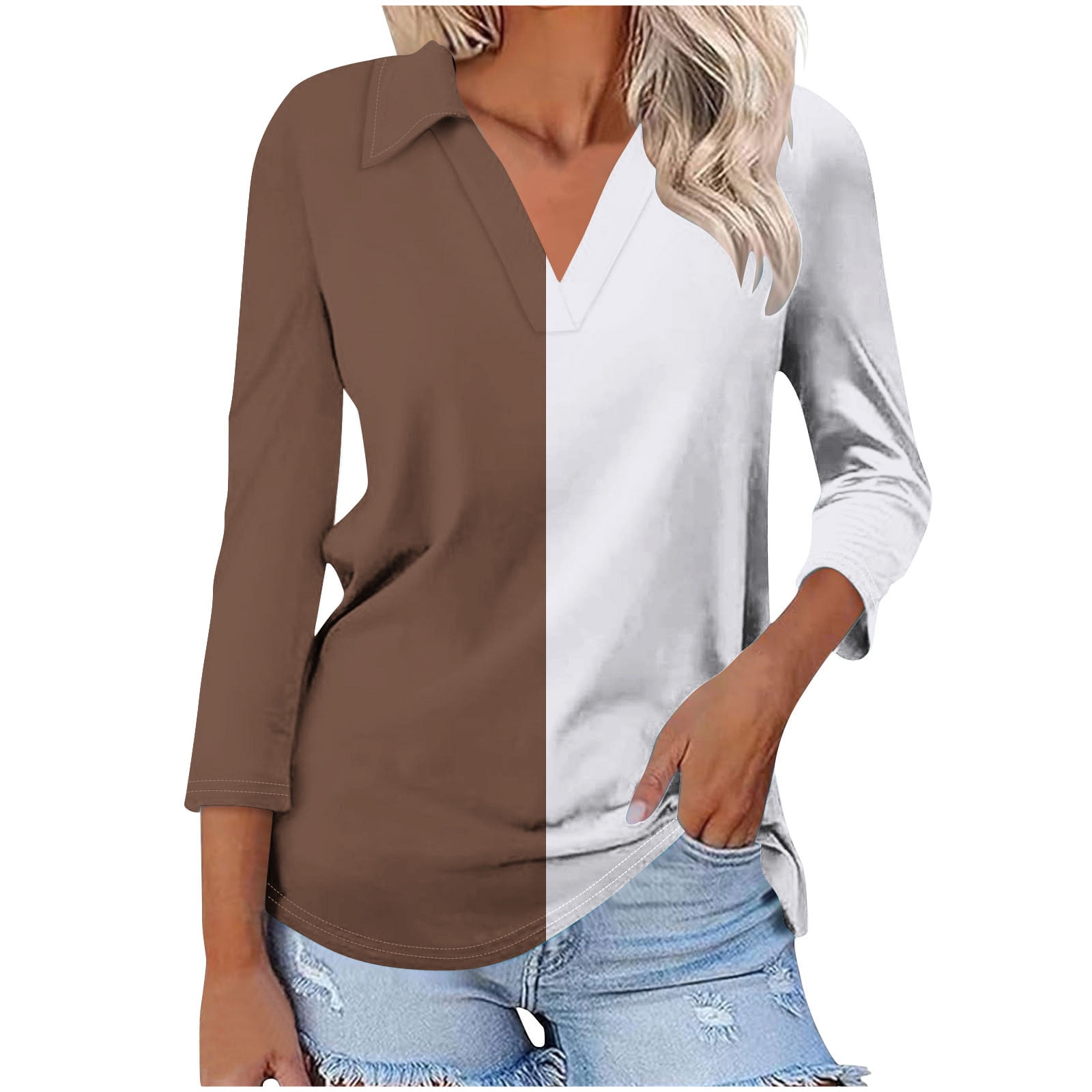 CHGBMOK Women 3/4 Sleeve T Shirts V Neck Collared Blouses Casual Dressy ...