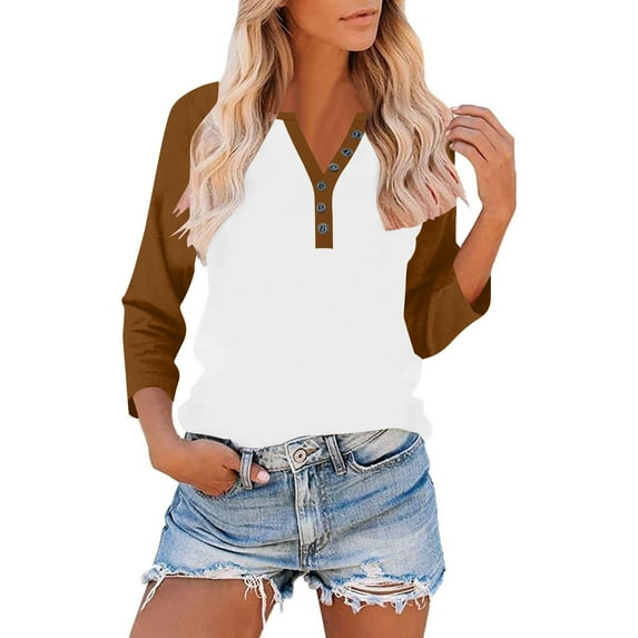 CHGBMOK Women Color Block 3/4 Length Sleeve T Shirts Button Down Crew ...