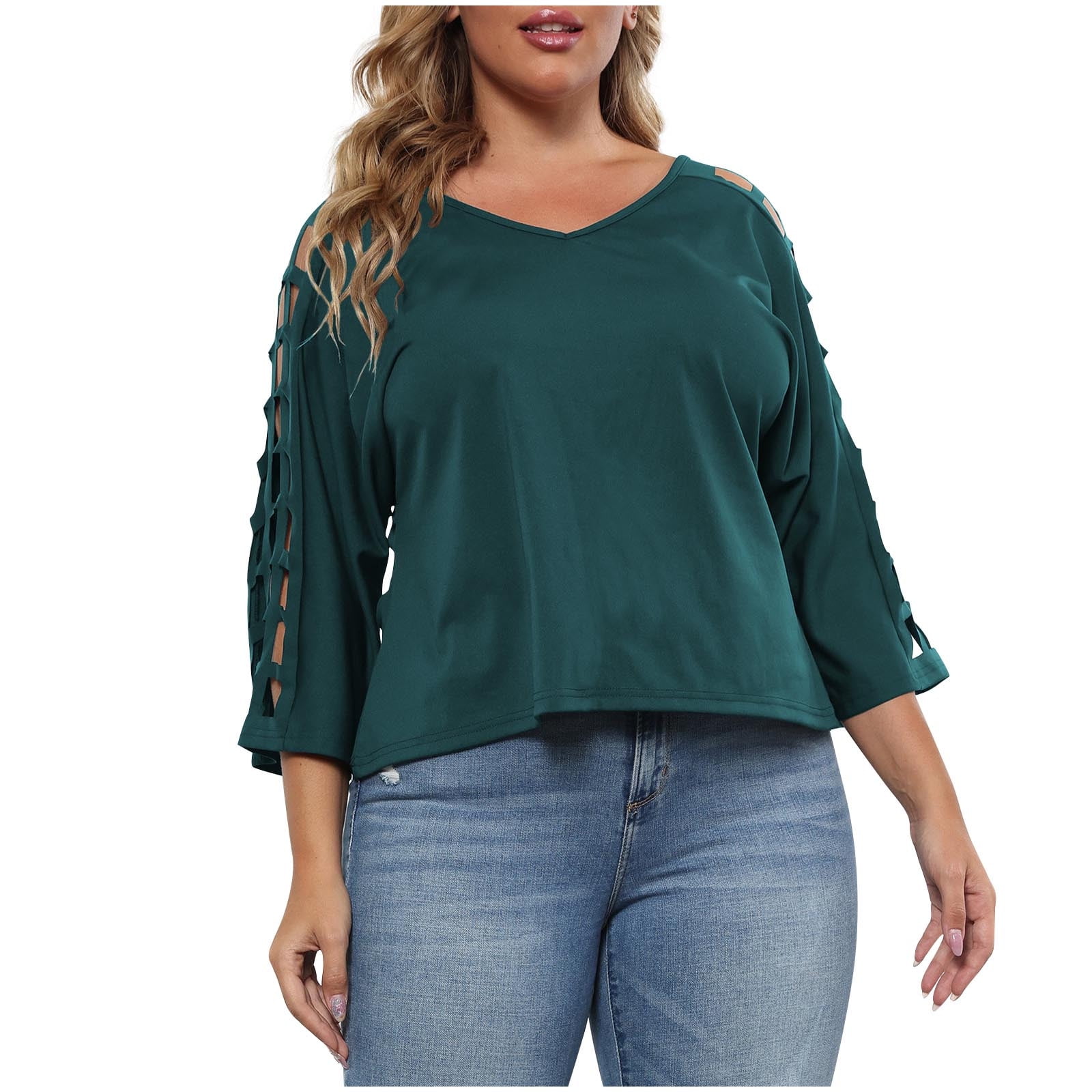 CHGBMOK Women Cut Out 3/4 Sleeve Blouse Cold Shoulder V Neck T Shirt ...