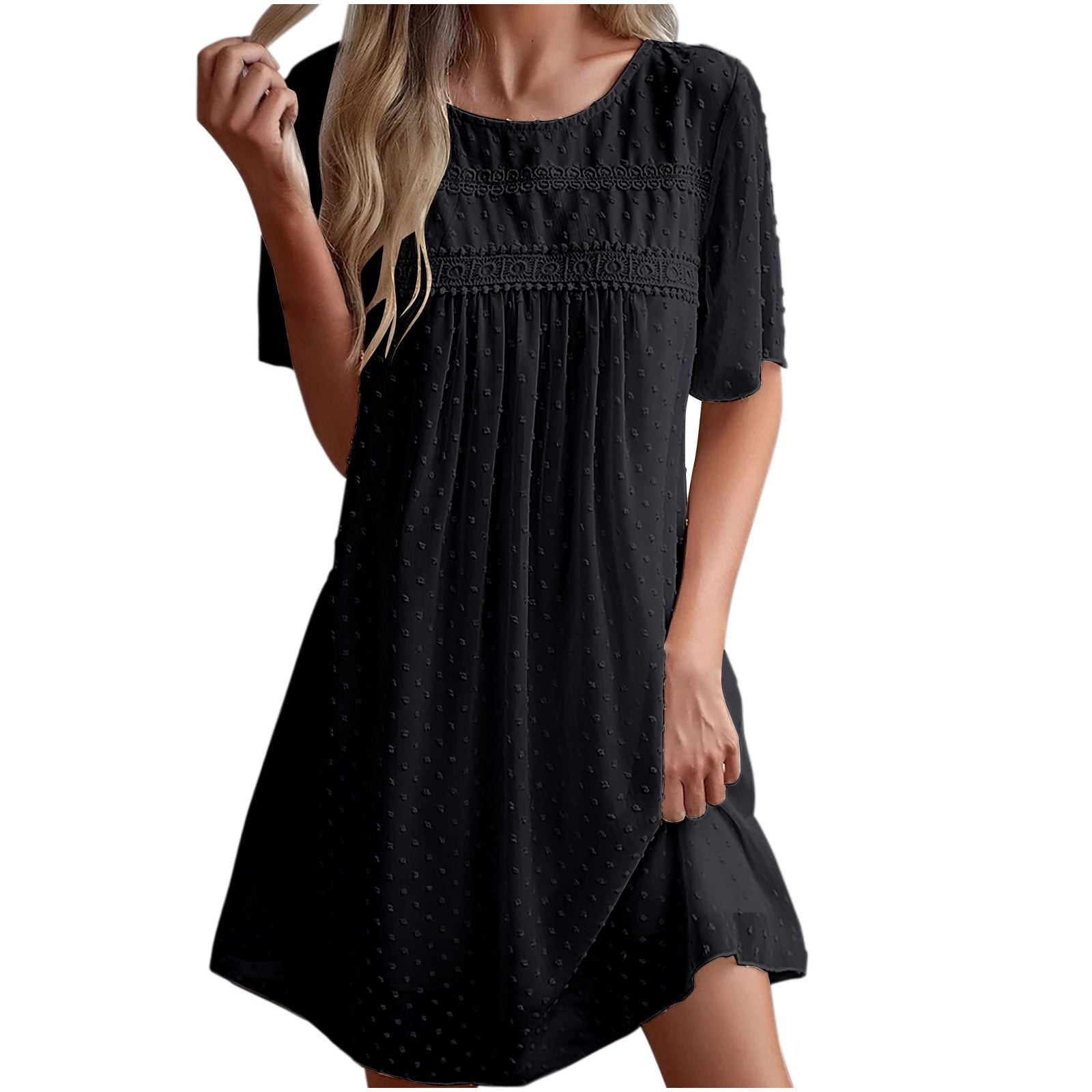 CHGBMOK Women Dress Crew Neck Short Sleeve Midi Dress Front Pleated ...