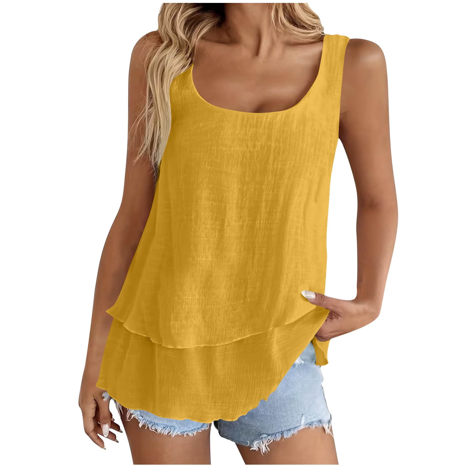 CHGBMOK Women Tank Tops Double Layers Linen Tank Blouse Spring Summer ...