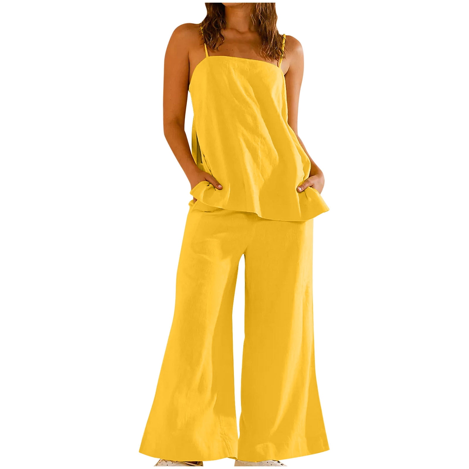 CHGBMOK Women Two-piece Set Adjustable halter TShirt and Wide Leg Pants ...