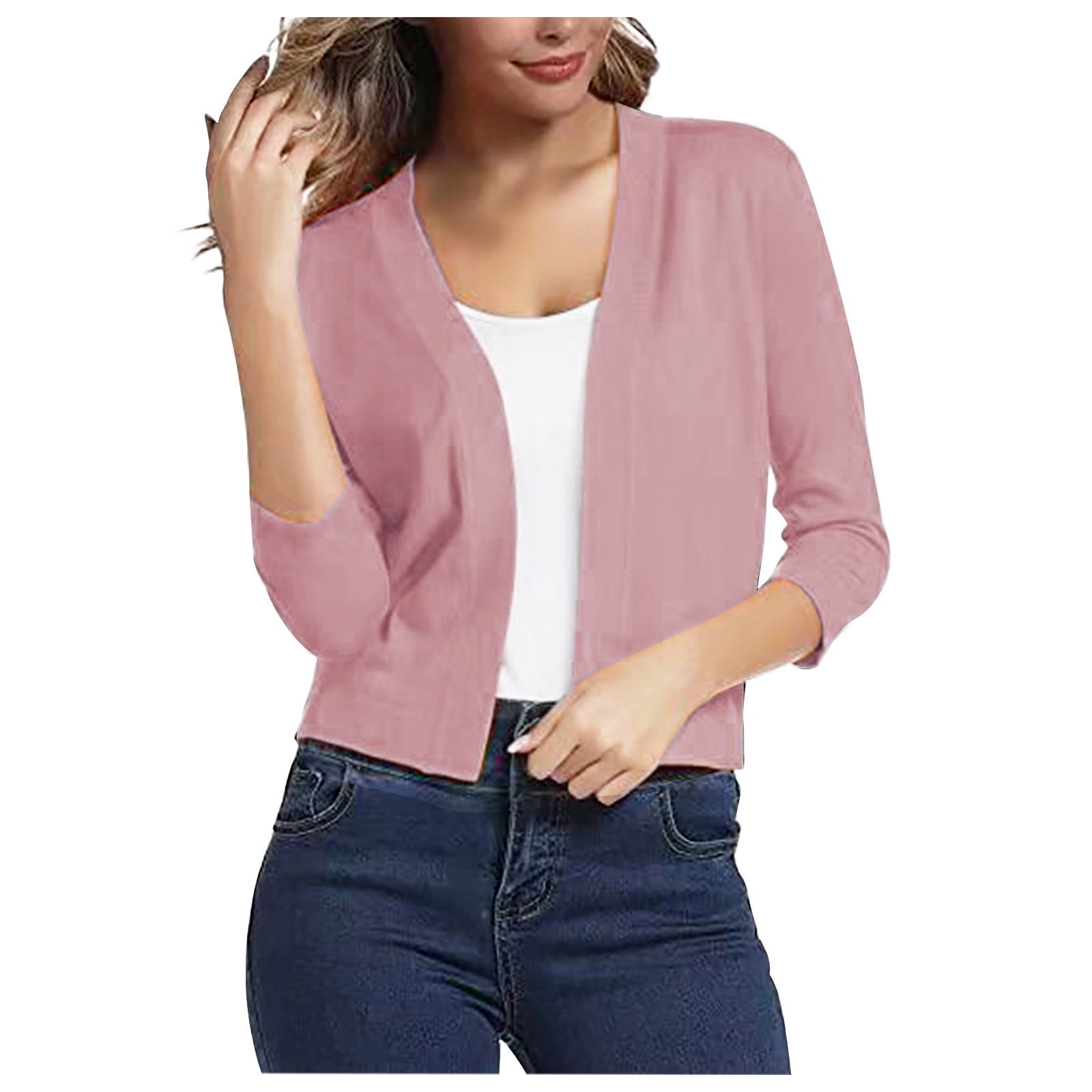 CHGBMOK Women's 3/4 Sleeve Open Front Cropped Cardigan Sweater ...