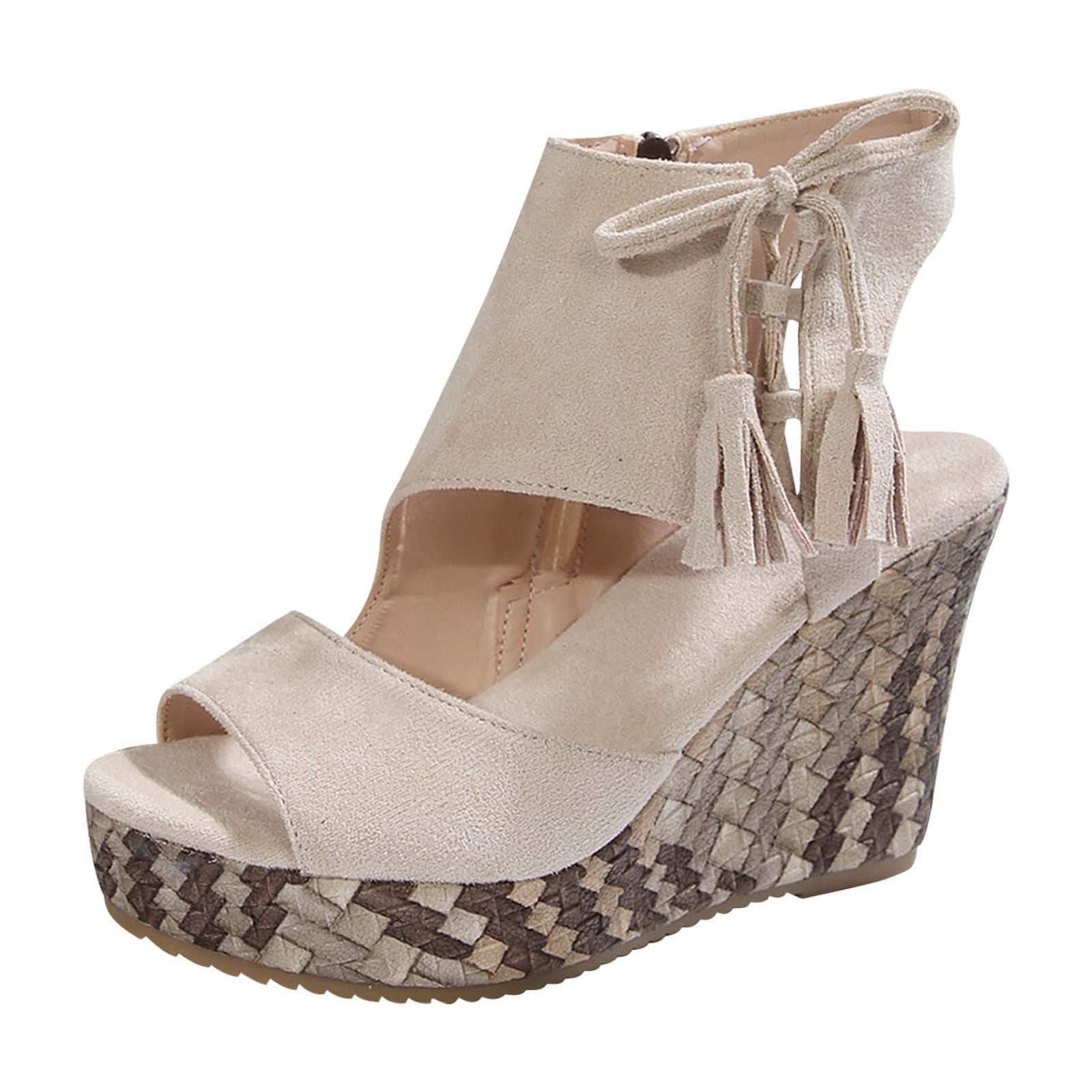 CHGBMOK Women's Sandals Wedge Sandals with Suede Upper, Lattice - Laced ...