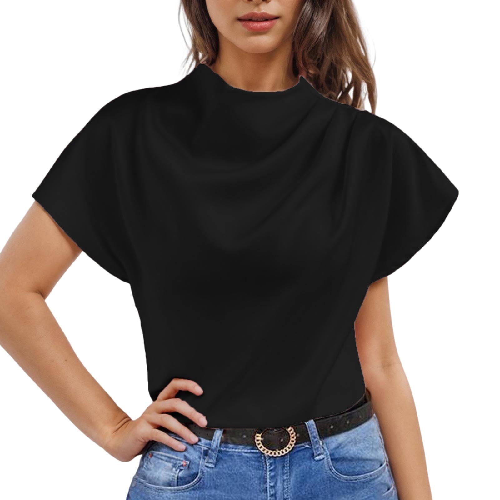 CHGBMOK Women's Short Blouses Round Neck Short Sleeved Left Shoulder ...