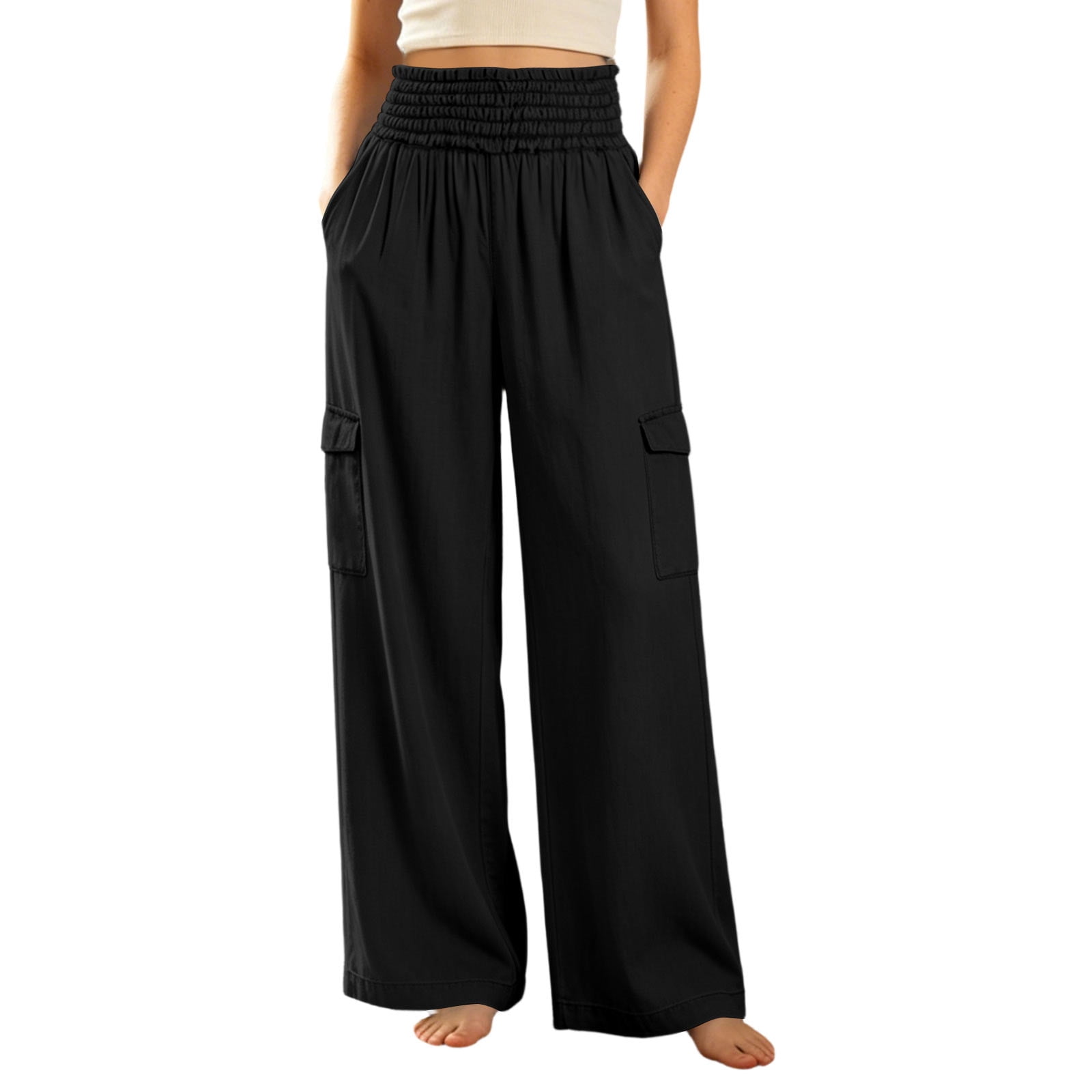 CHGBMOK Women's Wide Leg Pants Elastic Smocked High Waist Pants Loose ...