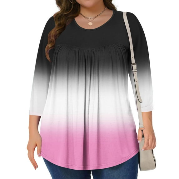 CHGBMOK Womens 3/4 Sleeve Blouses Color Block Crew Neck T Shirts Casual ...