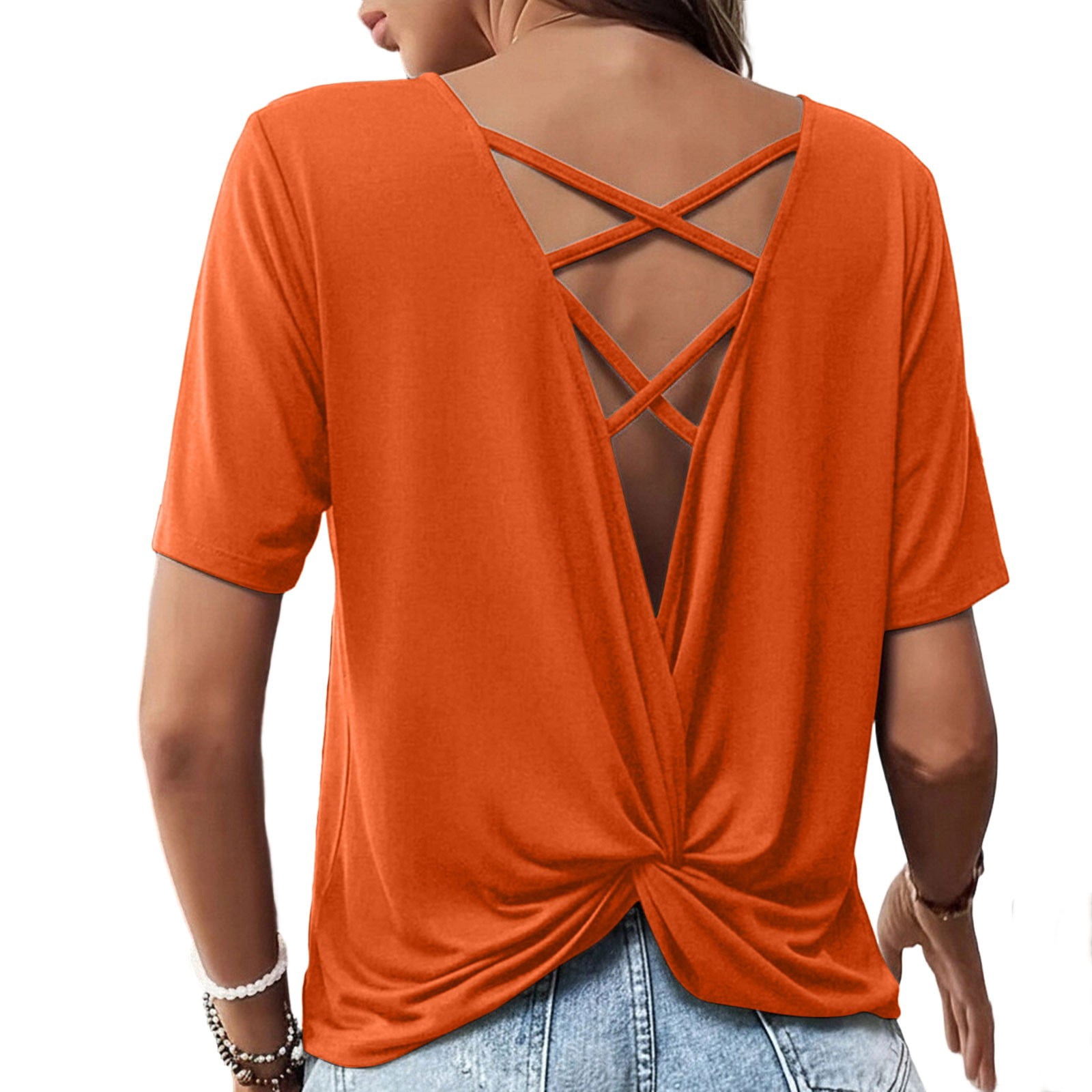CHGBMOK Womens Backless Top Open Back Twist Criss Cross T Shirts Short ...