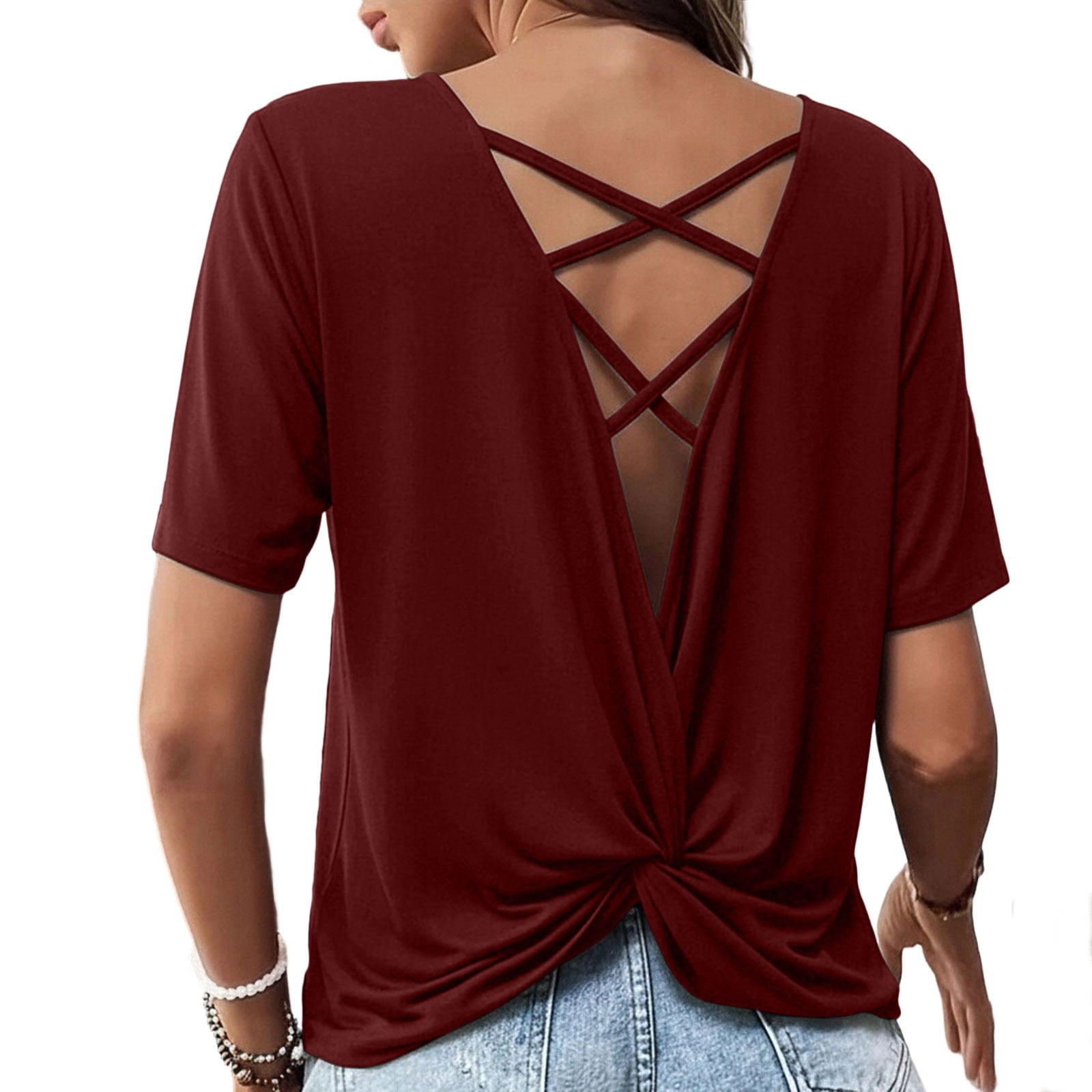 CHGBMOK Womens Backless Top Open Back Twist Criss Cross T Shirts Short ...