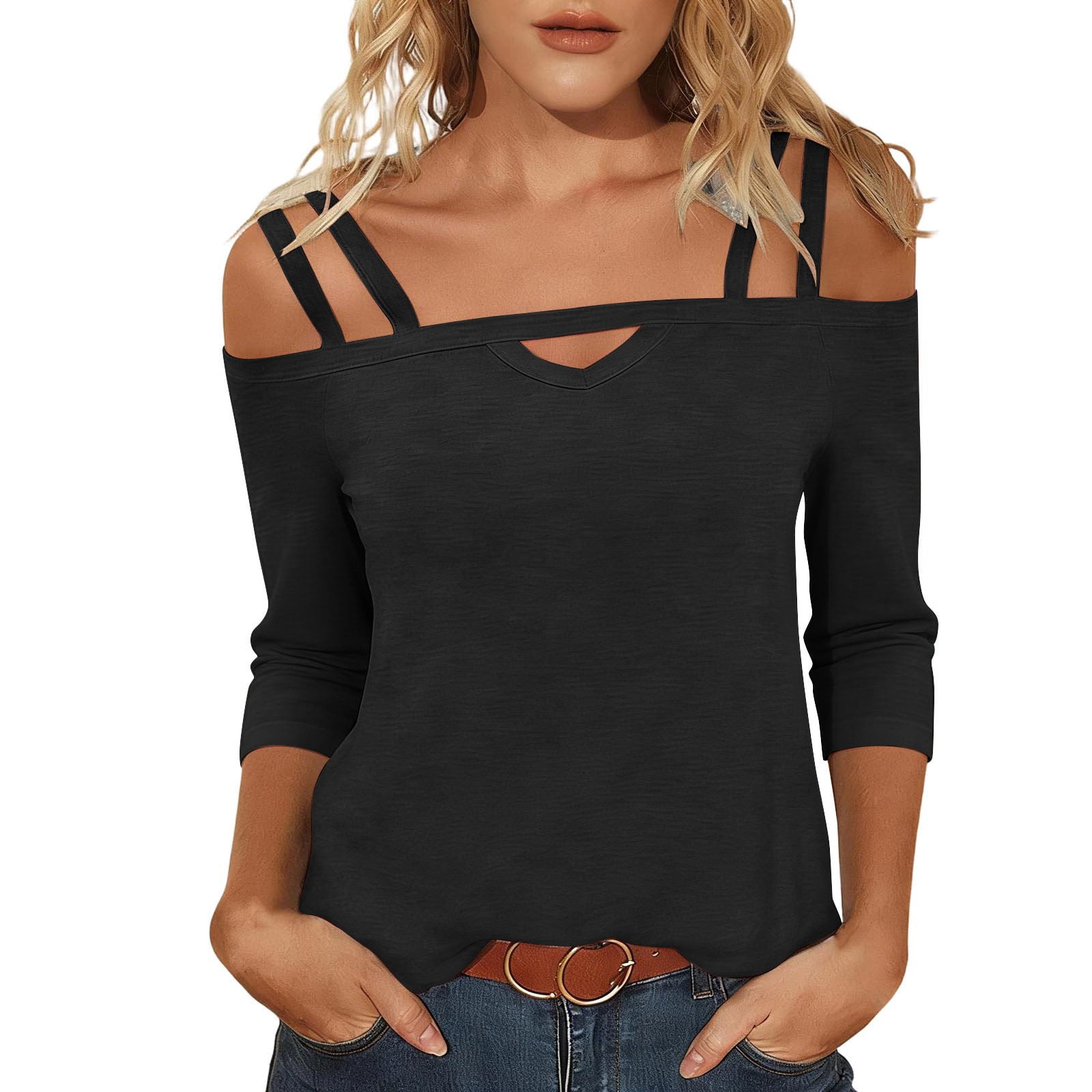 CHGBMOK Womens Cold Shoulder Tops Short Sleeve Cute Summer Spring Beach ...
