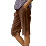 CHGBMOK Womens Cotton Linen Capri Pants Side Slit Button Bermuda Shorts ...