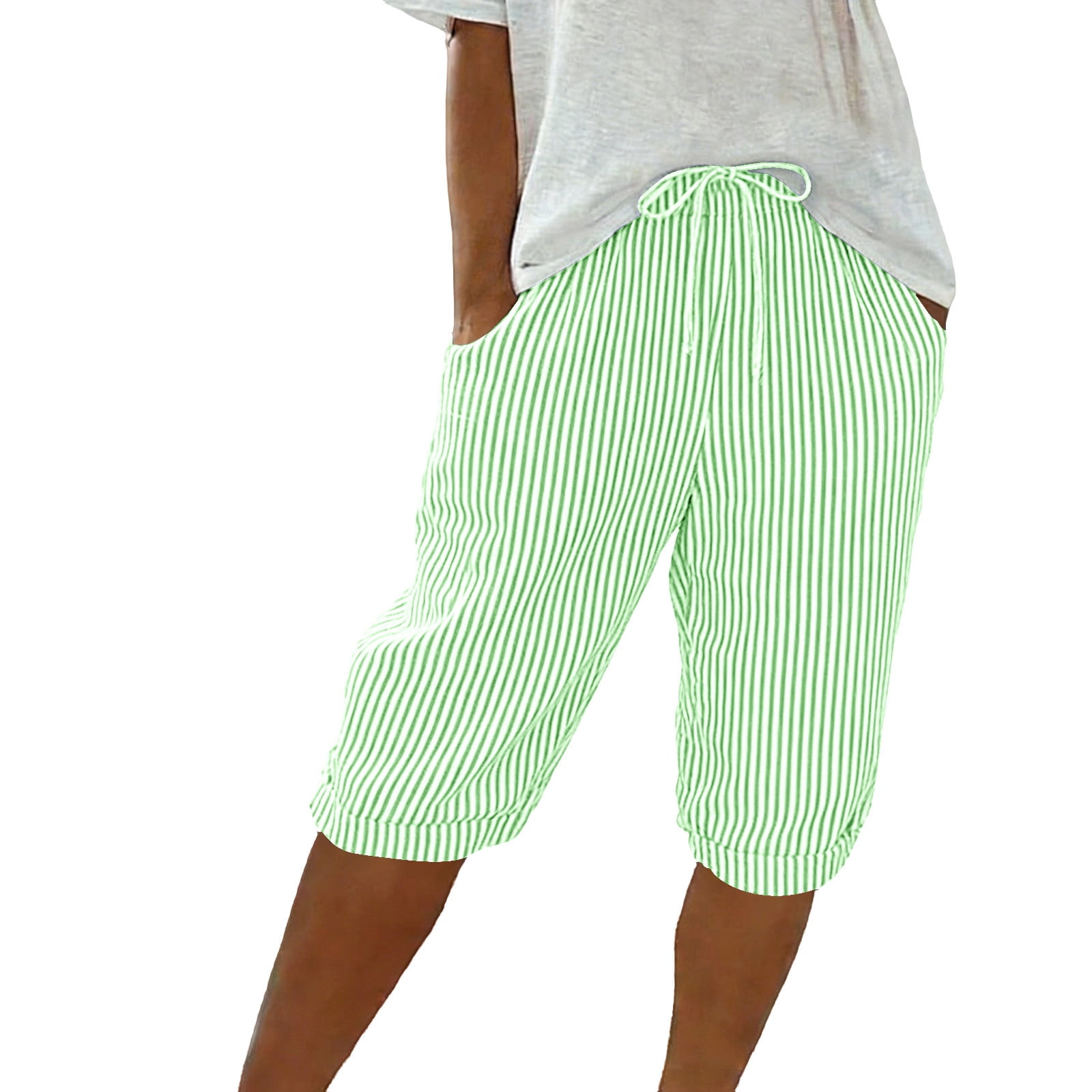 CHGBMOK Womens Cotton Linen Striped Shorts Comfy Drawstring Short Pants ...