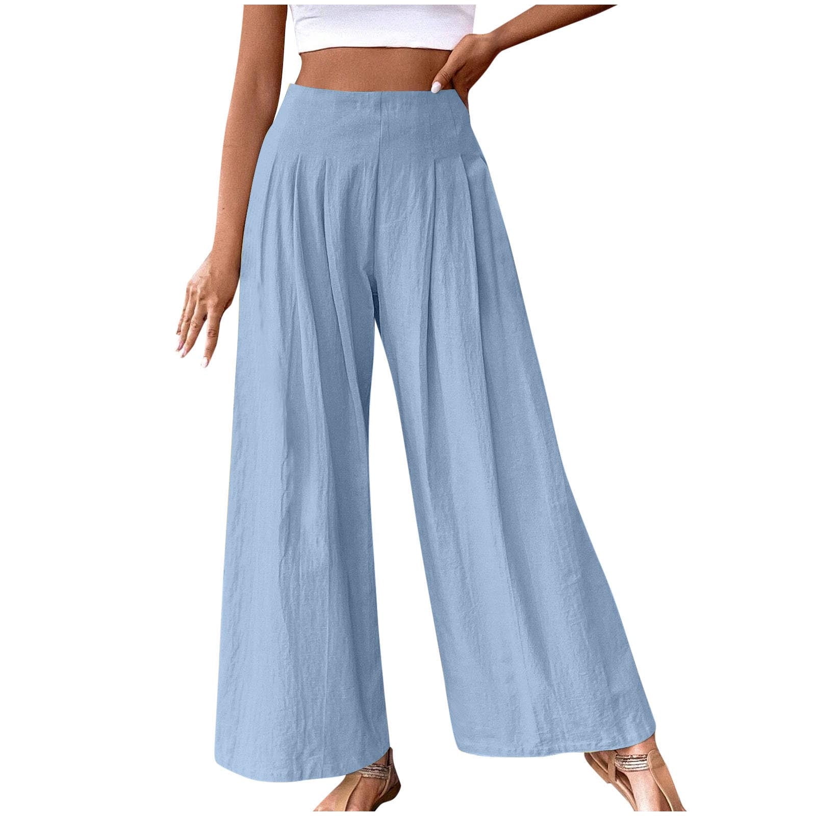 CHGBMOK Womens Pants Flowy Pants Drawstring Waist Wide Leg Palazzo ...