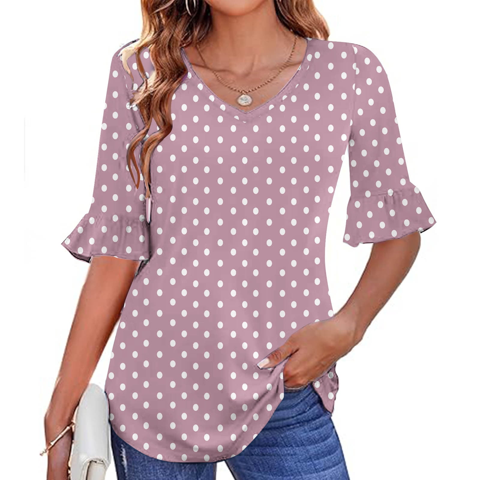 CHGBMOK Womens Ruffle Sleeve Blouses V Neck T Shirts Polka Dots Casual ...